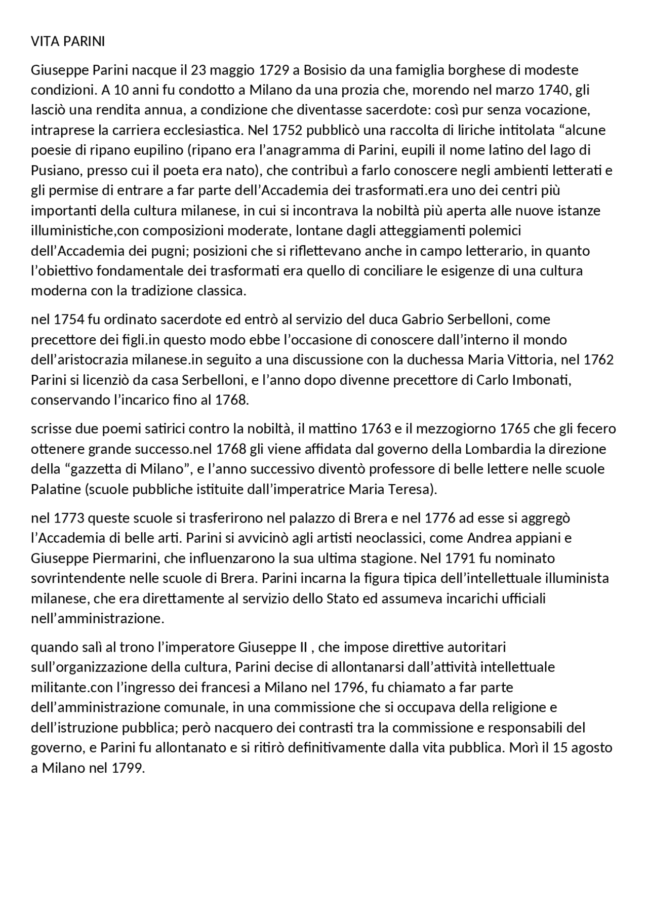 Vita Di Giuseppe Parini Docsity