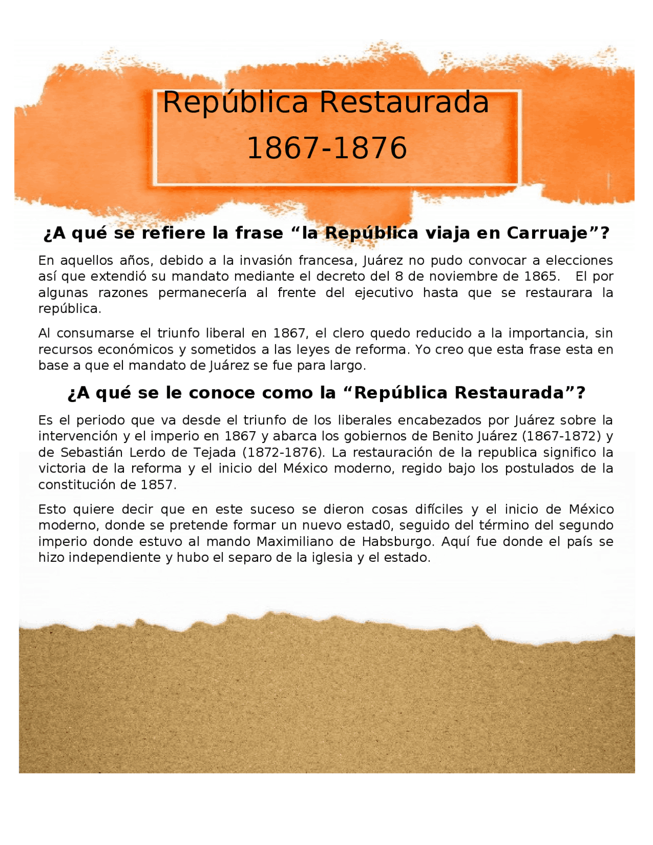 REPUBLICA RESTAURADA | Apuntes de Historia | Docsity