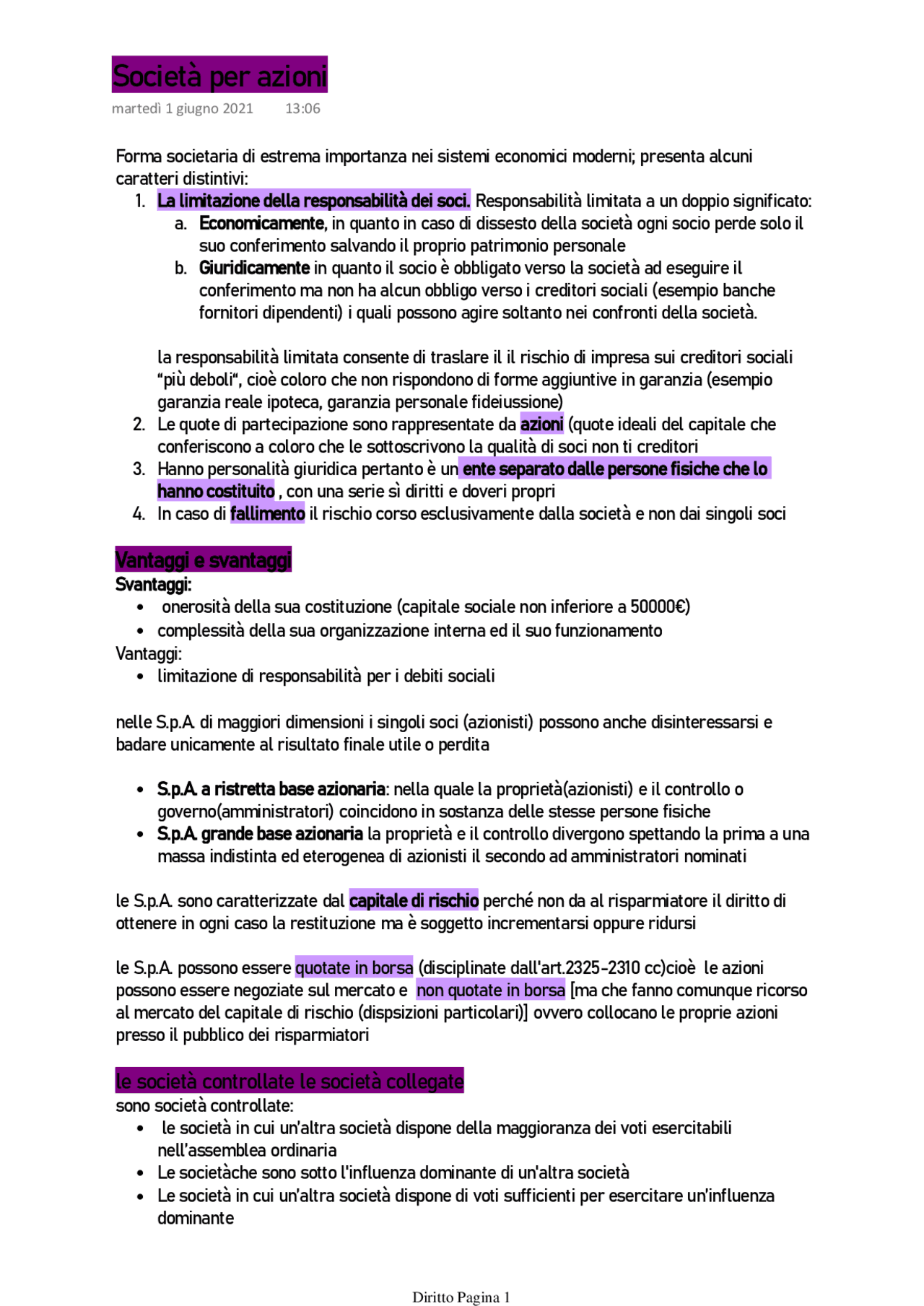 Le Società Per Azioni Docsity