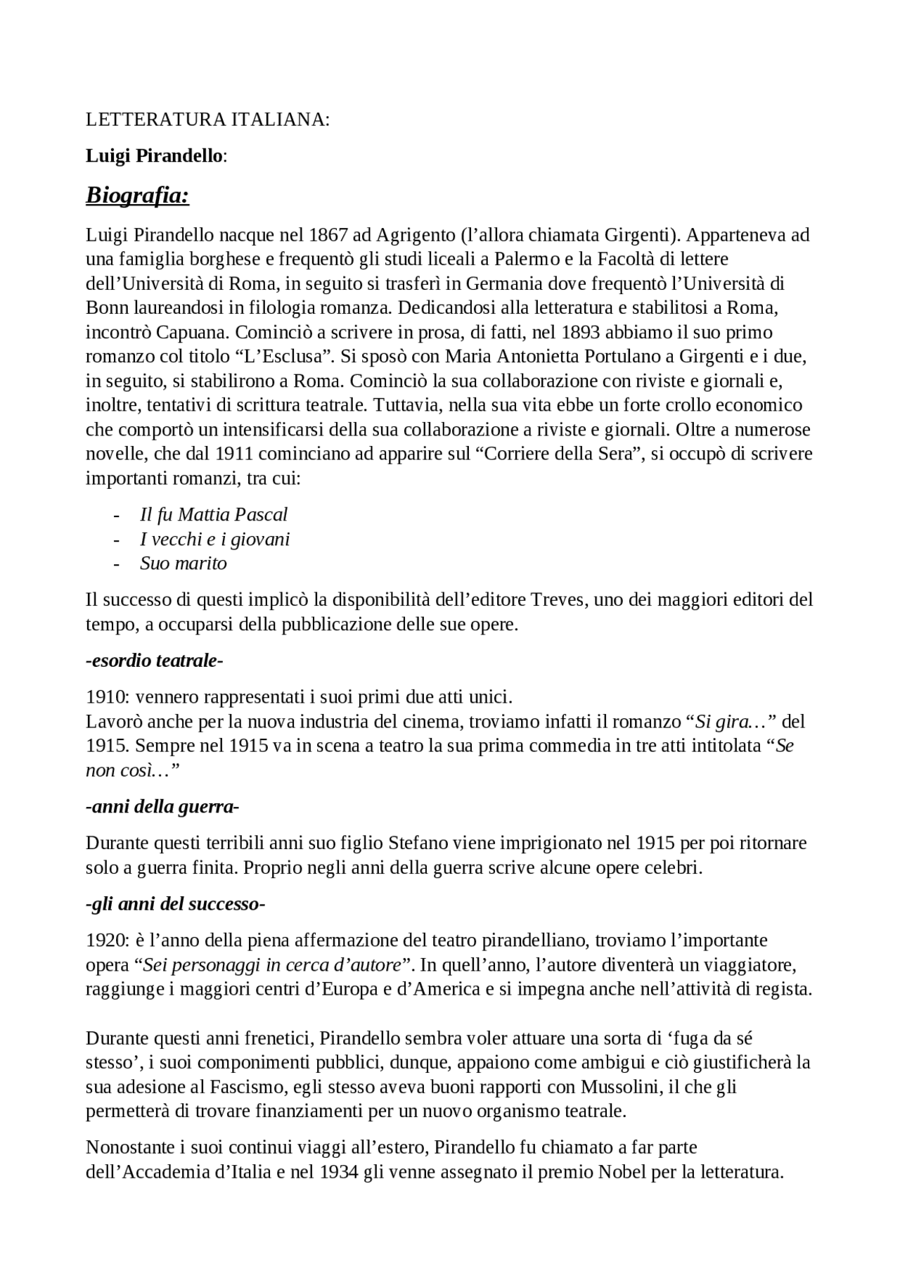 Pirandello, Svevo e Tozzi - Docsity