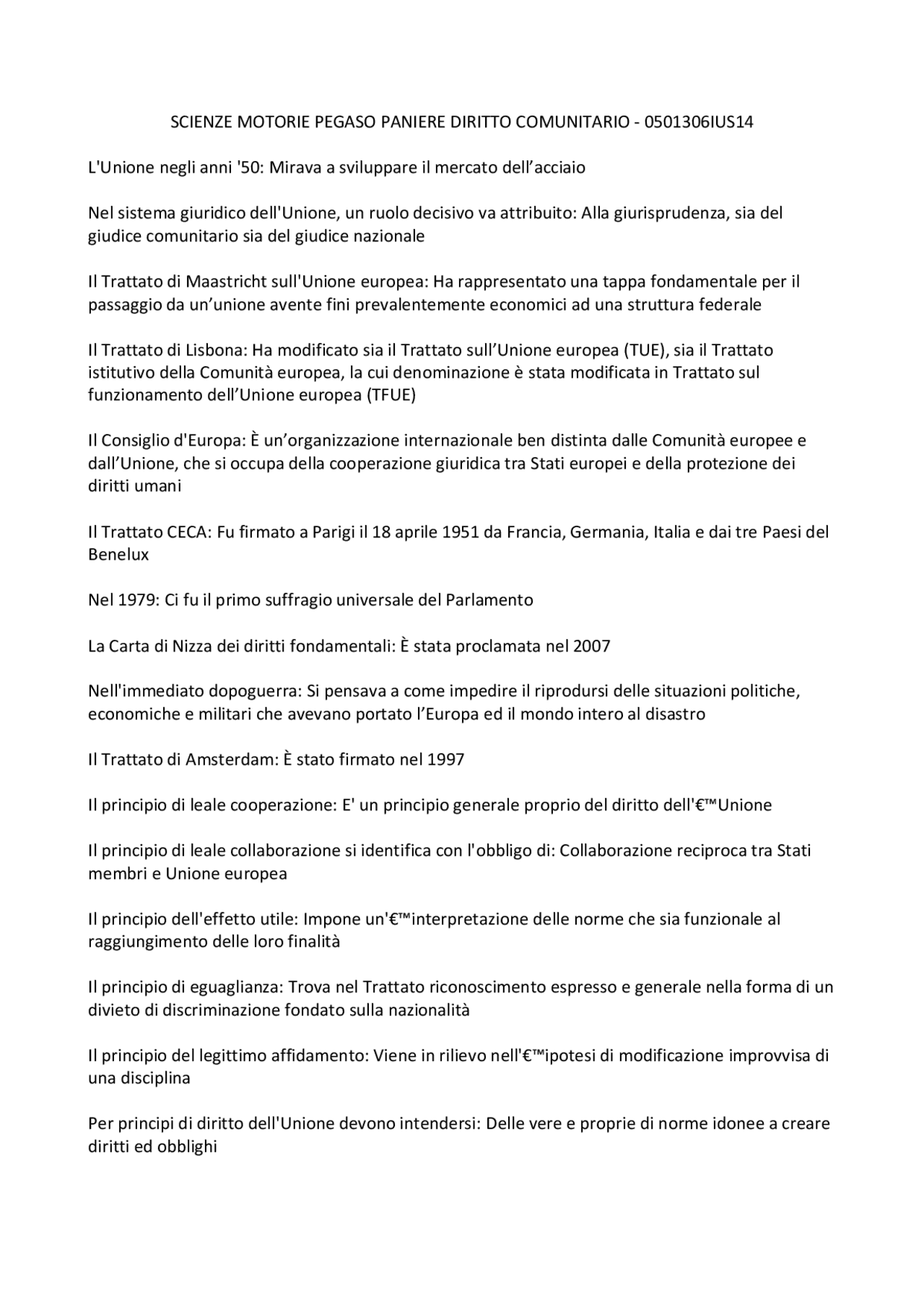 SCIENZE MOTORIE PEGASO PANIERE DIRITTO COMUNITARIO - 0501306IUS14 - Docsity