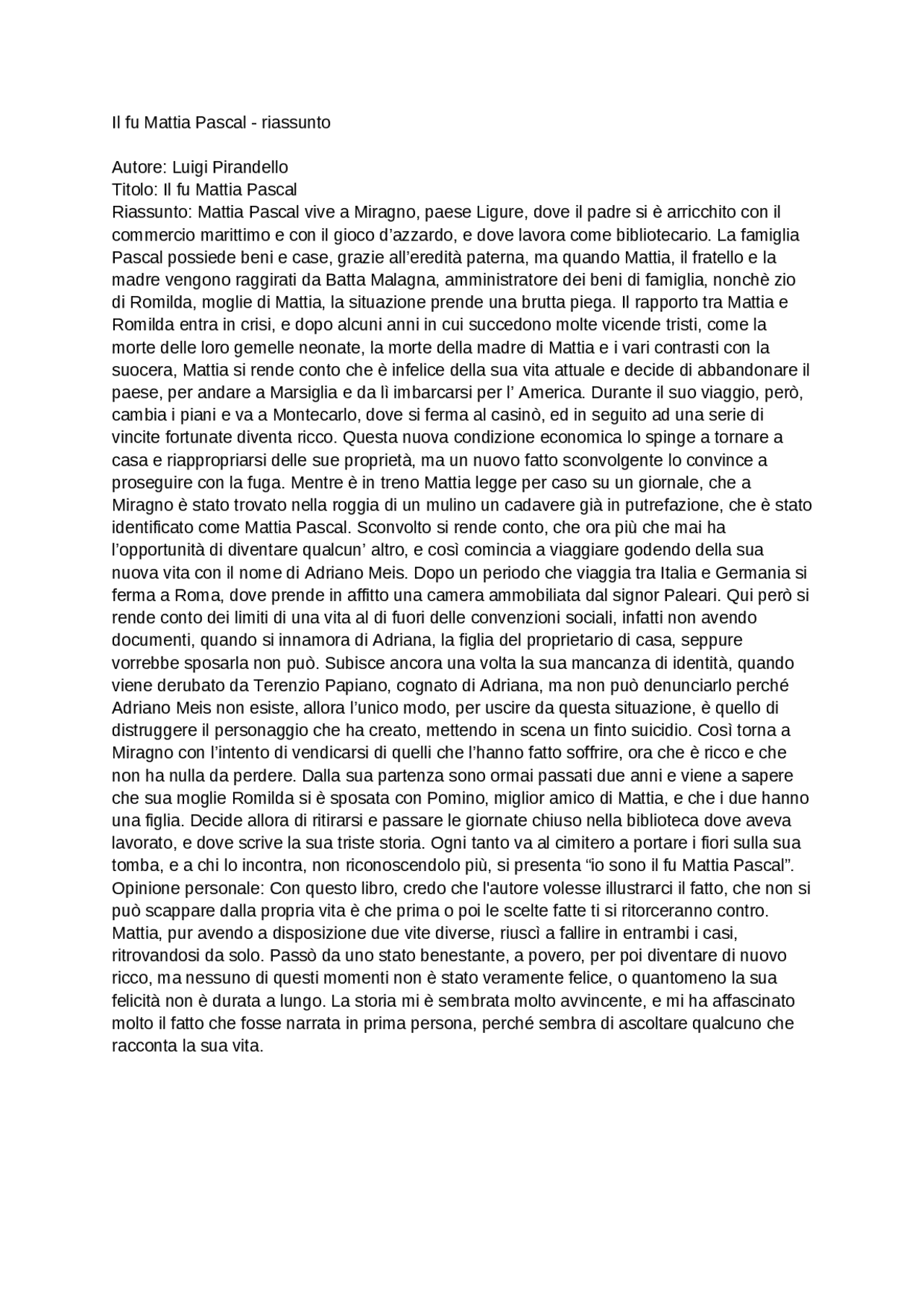 Il Fu Mattia Pascal Riassunto Breve Docsity
