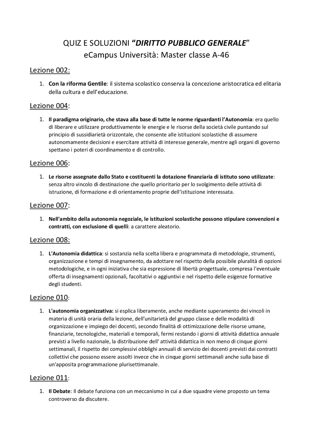 Soluzioni Quiz Diritto Pubblico Generale Master A 46 Ecampus Docsity