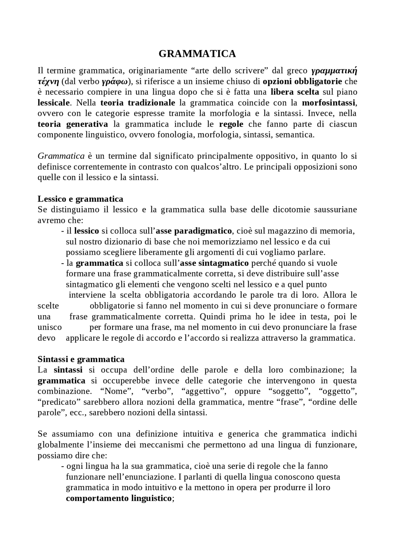 Grammatica Linguistica Generale Docsity