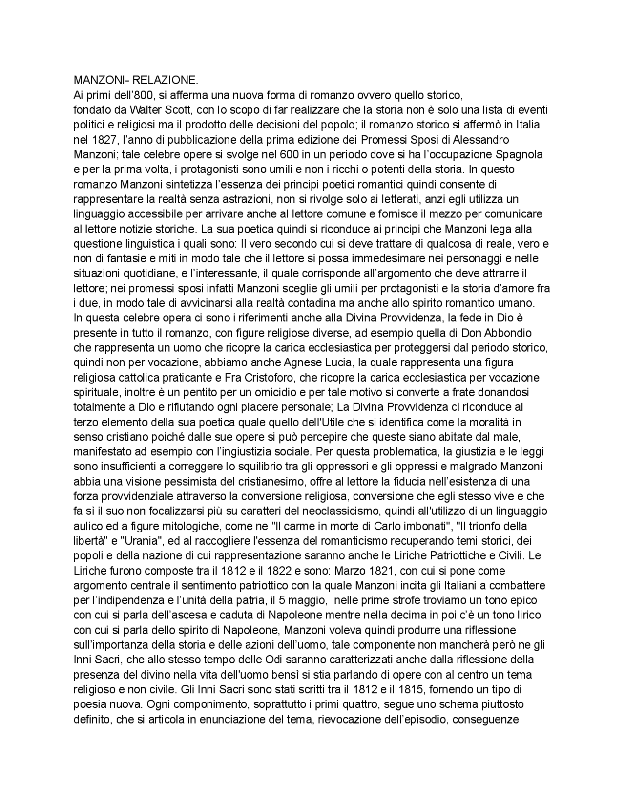 Riassunto manzoni vita e opere - Docsity