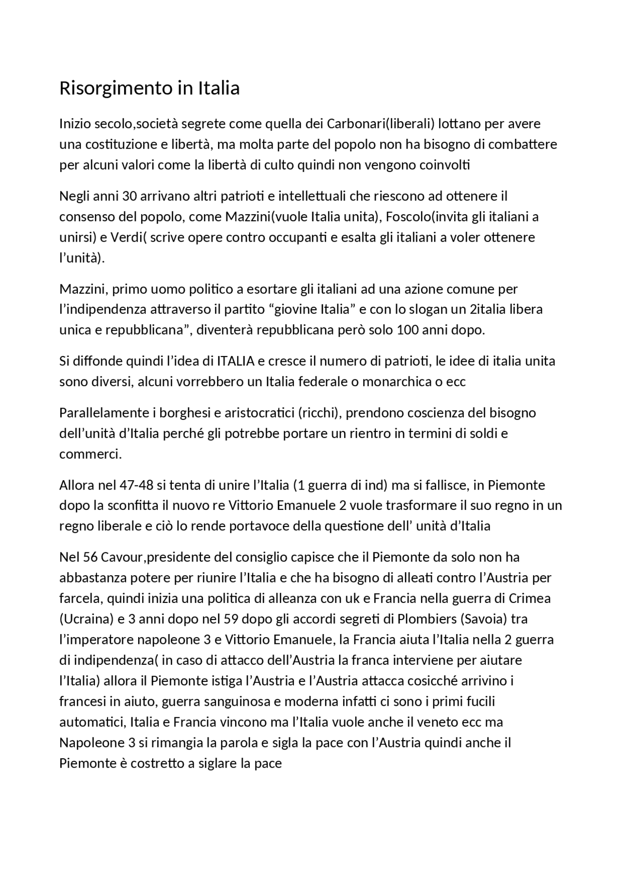 Il Risorgimento in Italia - Docsity