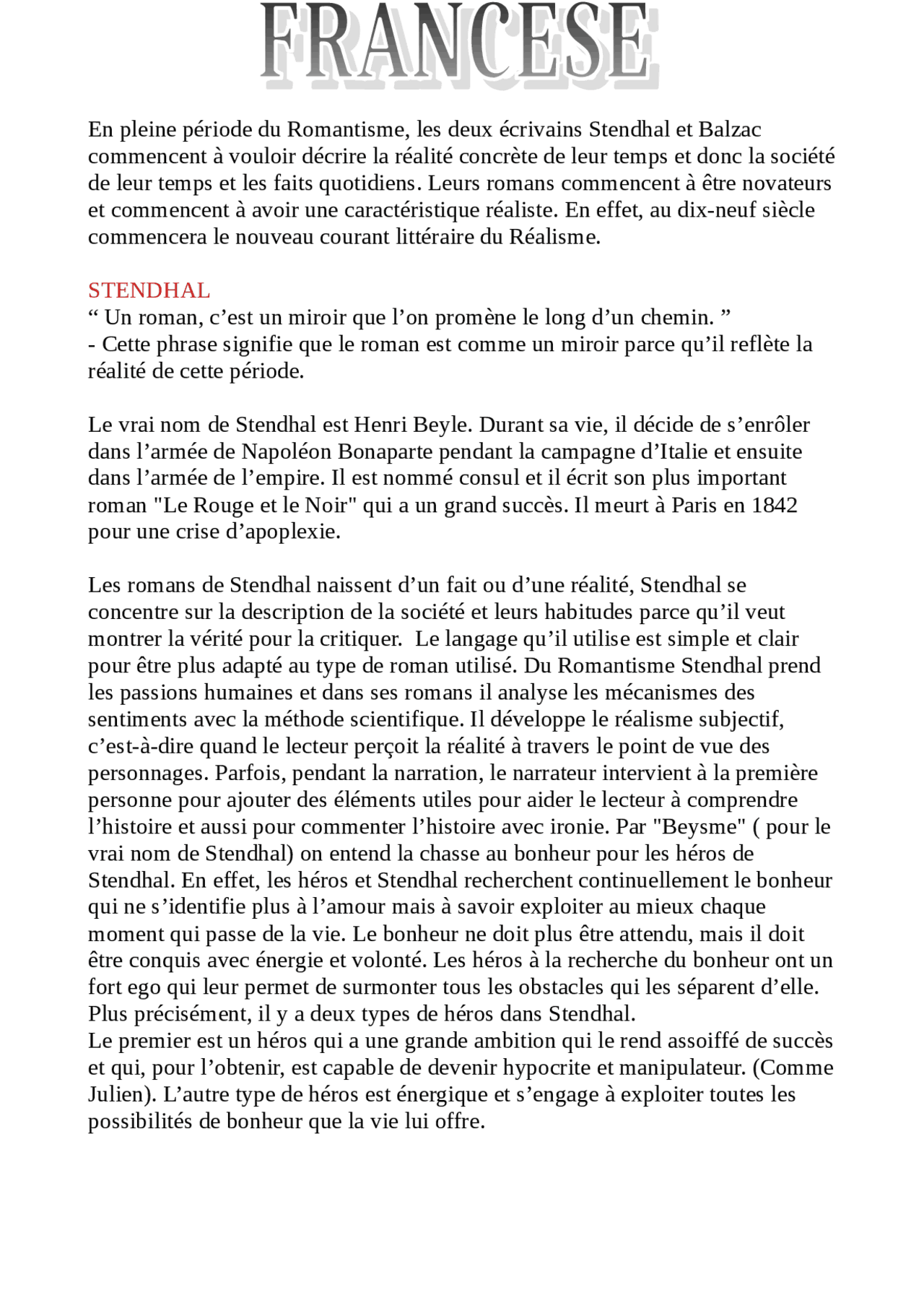 Stendhal Flaubert Balzac Et Zola Docsity