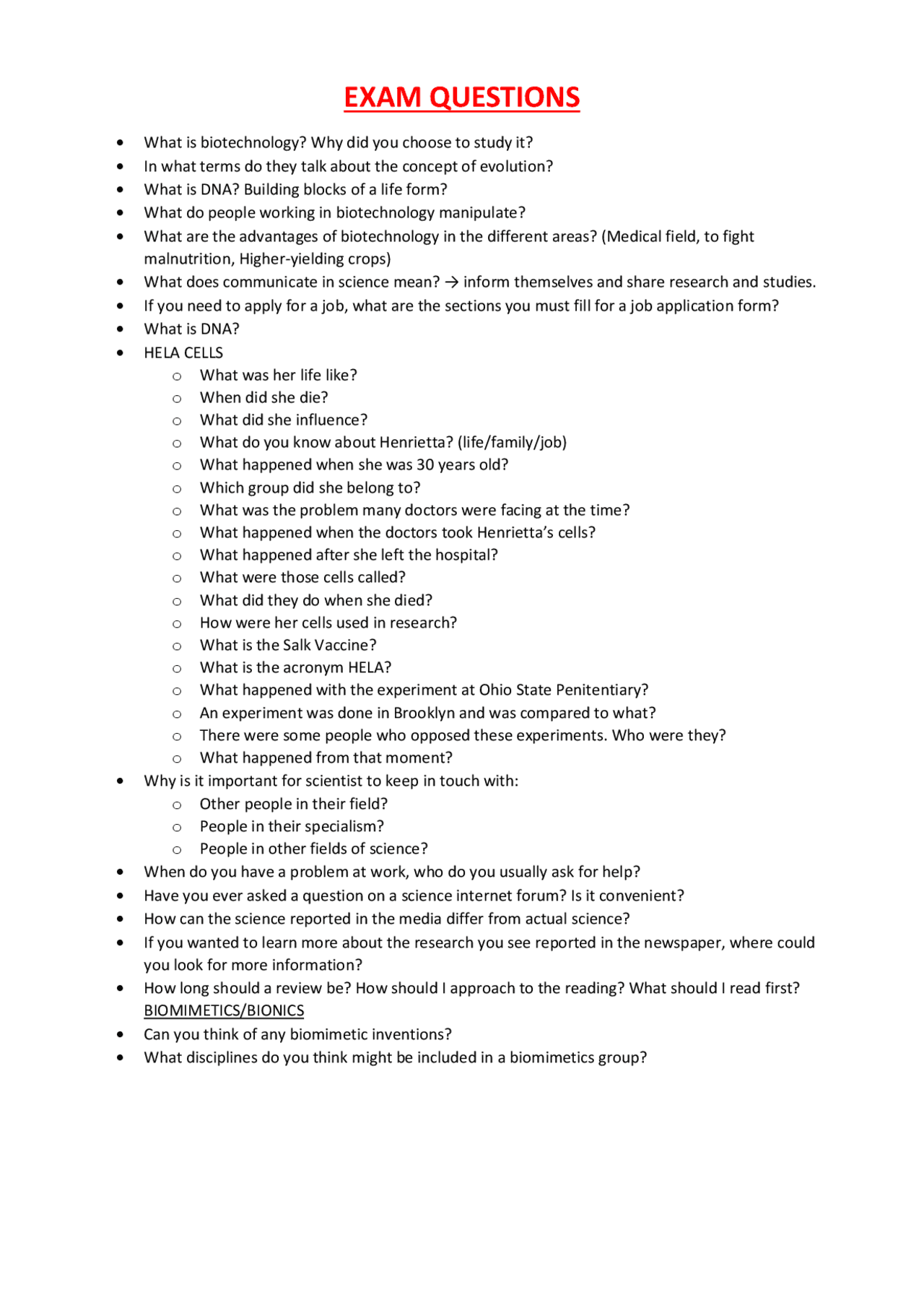 Exam's Questions and Vocabulary - Docsity