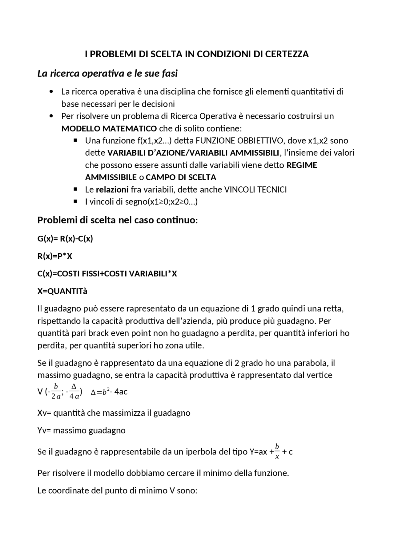 Problemi Di Scelta In Condizioni Di Certezza Docsity