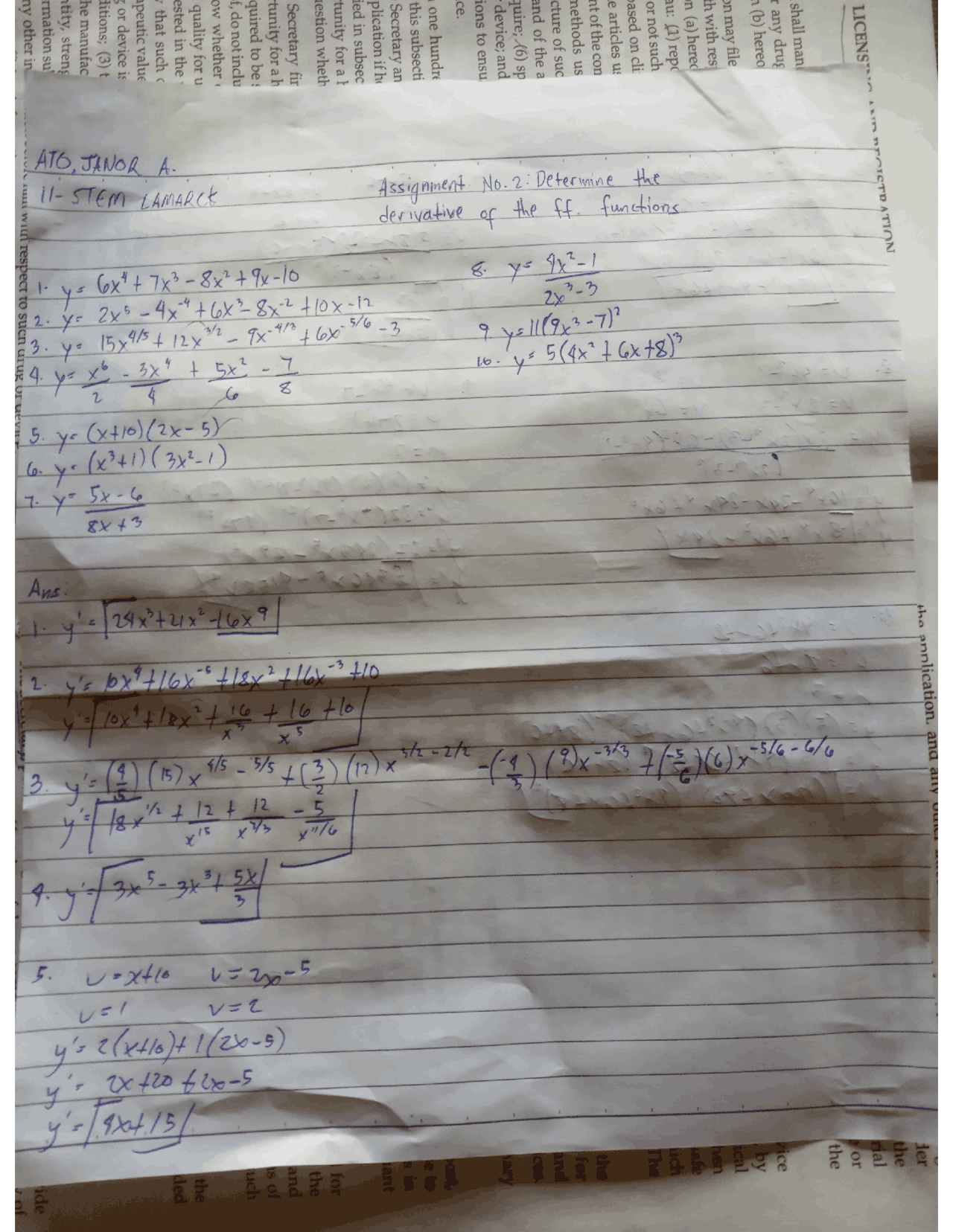 Assignment 2 Determine The Derivative Of The Ff Docsity