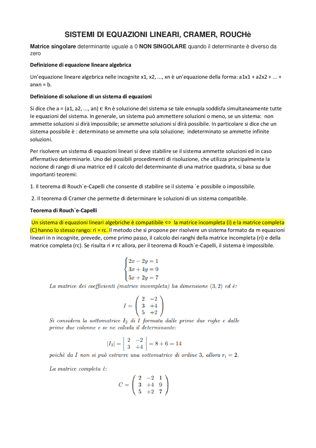 Sistema di equazioni lineari. - Docsity