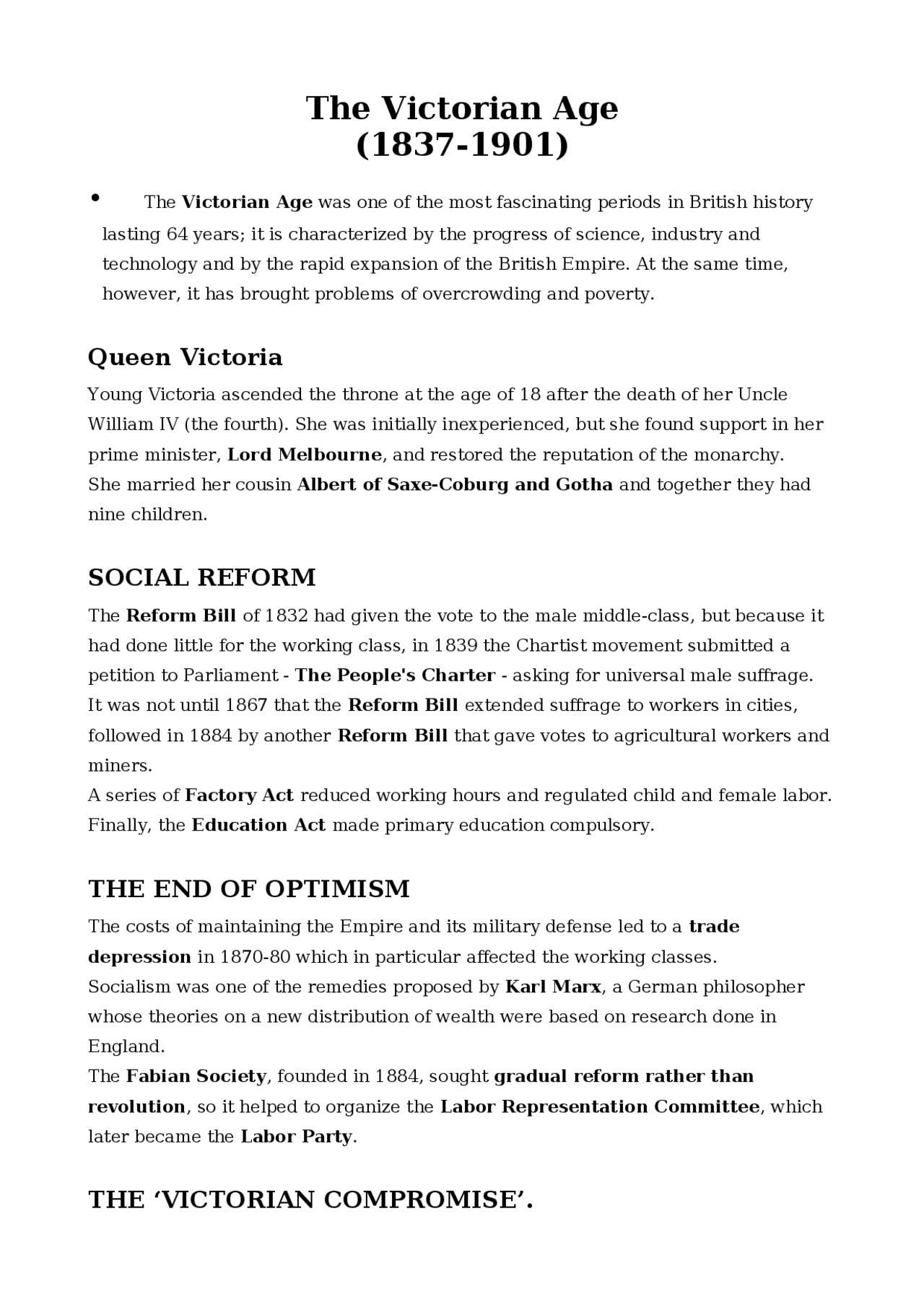 The Victorian Age (1837-1901) - Docsity
