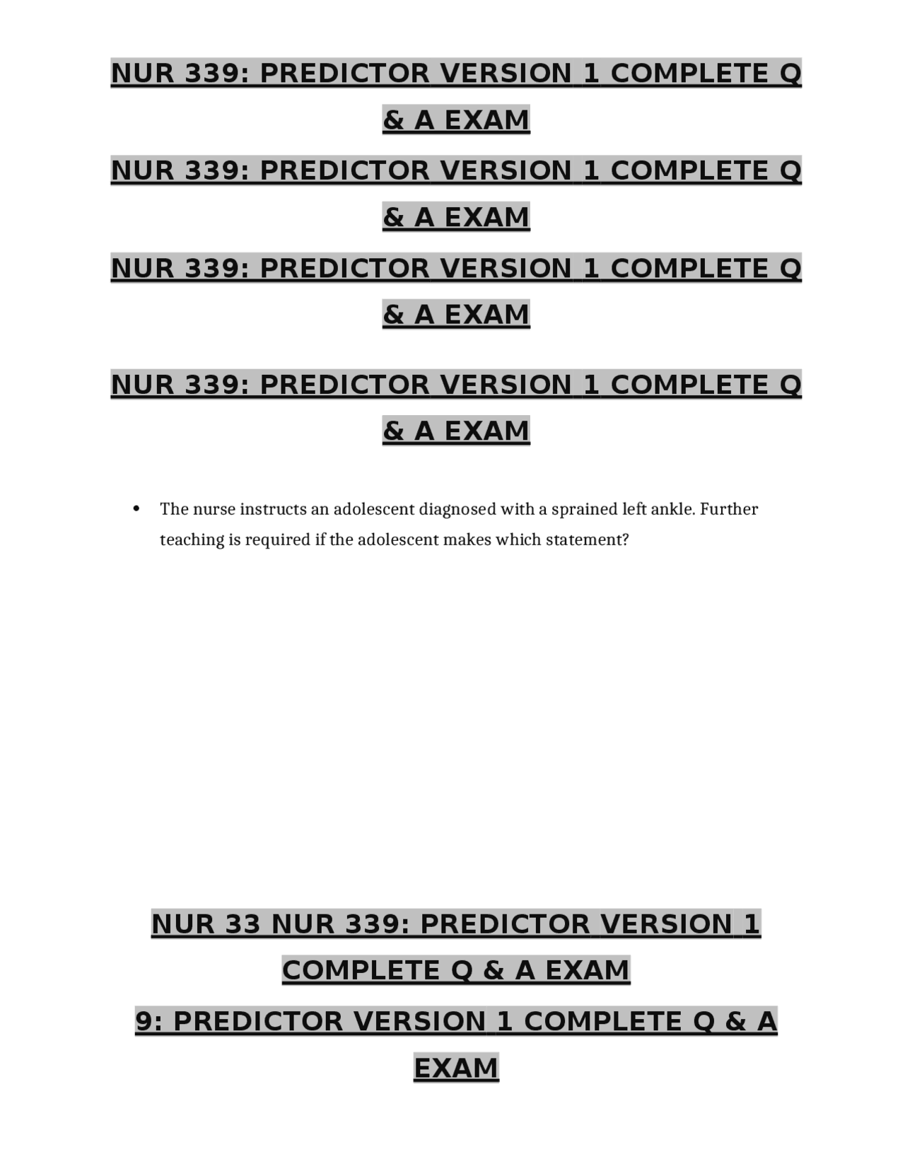 Nur 339 Predictor Version 1 Complete Q And A Exam Docsity