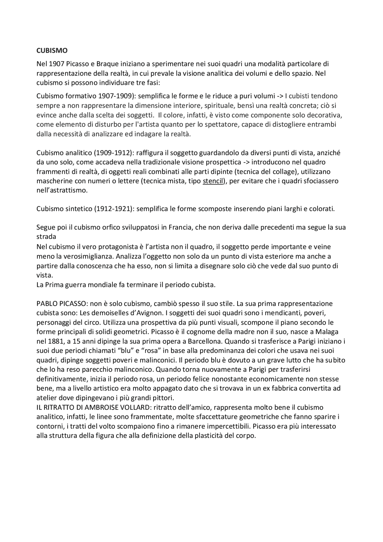 Riassunto Movimento Cubismo Docsity