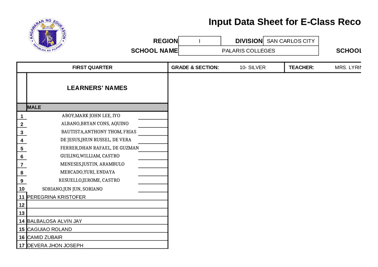 Grading sheets in Mapeh 10 - Docsity