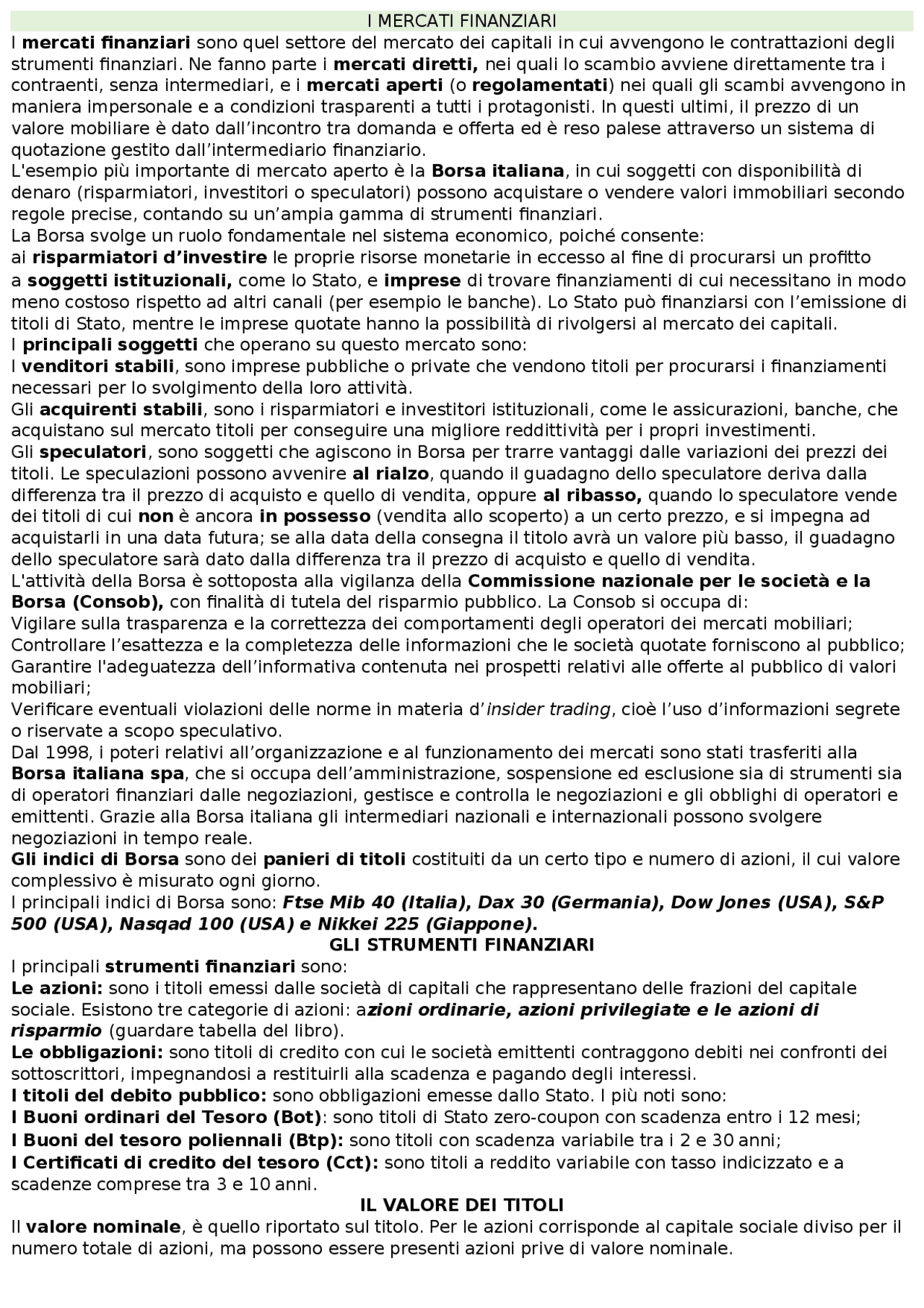 I Mercati Finanziari Docsity
