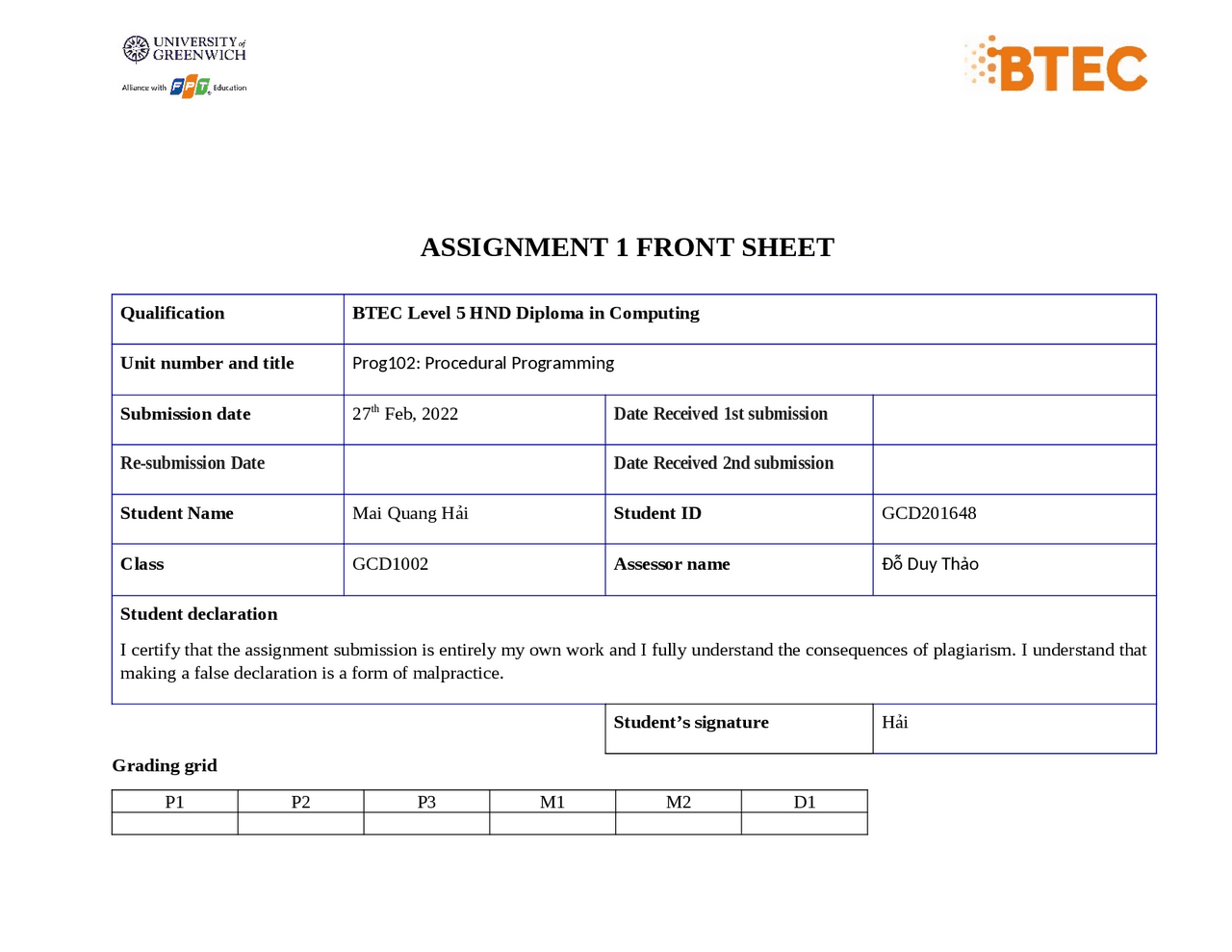 Asm1 Prog102 Greenwich University Docsity