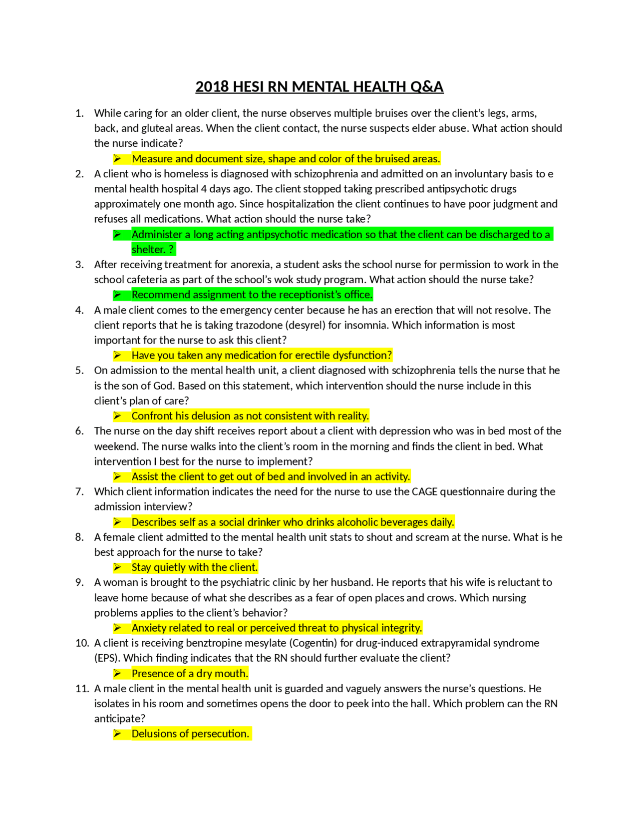 HESI MENTAL HEALTH REVIEWS QUESTIONS (FINAL EDITION) - Docsity