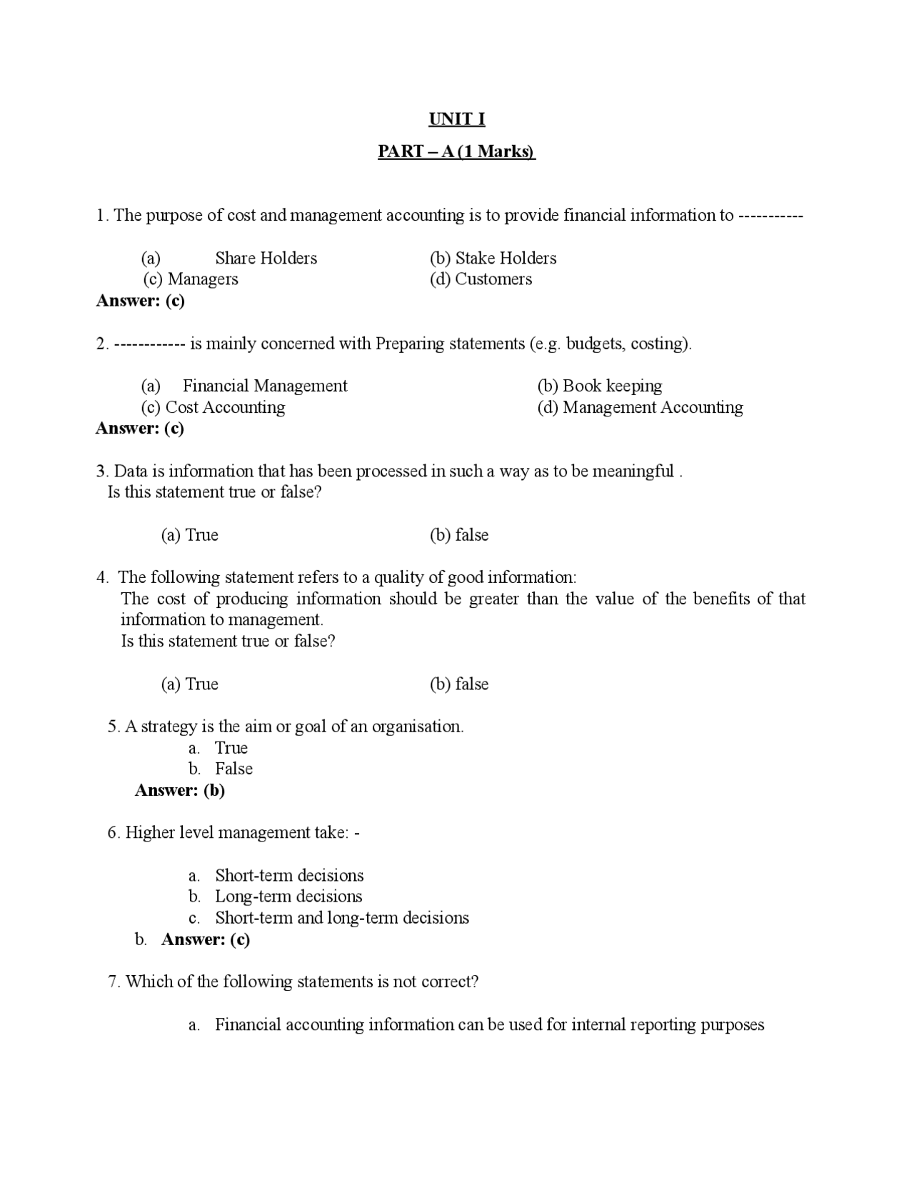 Management Accounting Question And Answers Docsity