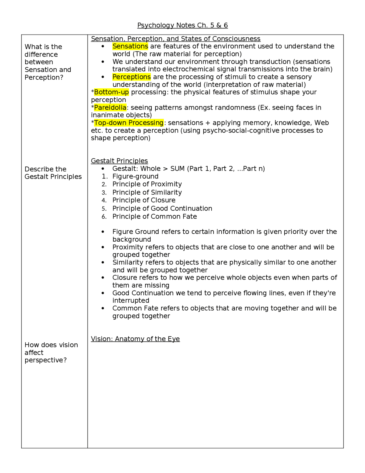 Psy 001 Lecture Notes Sensation Perception And States Of Consciousness Docsity
