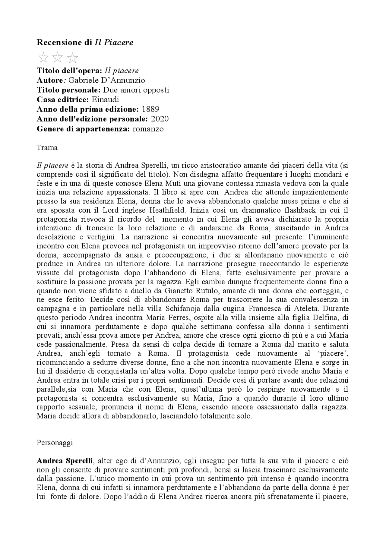 Recensione Di Il Piacere Di Dannunzio Docsity