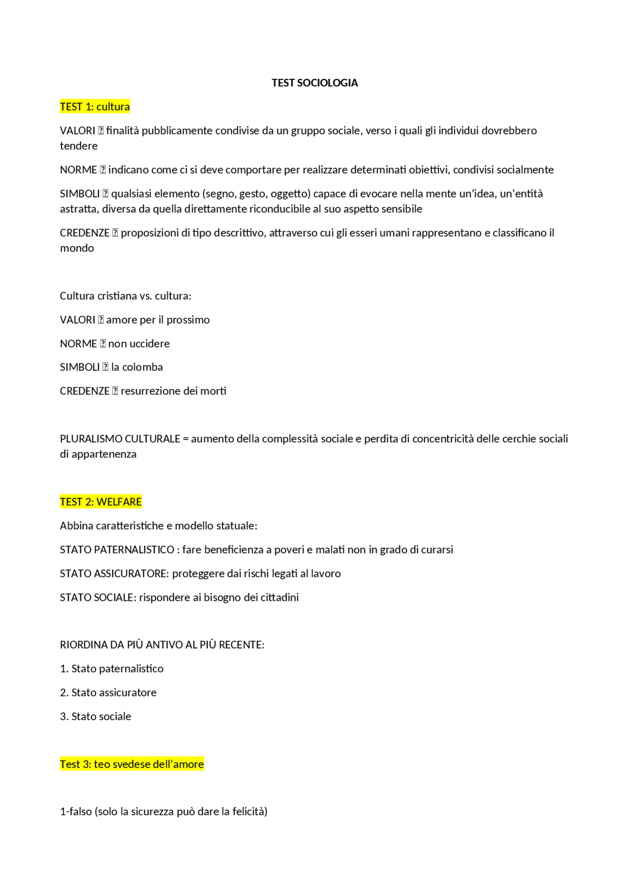Test Sociologia In Itinere E Non Docsity