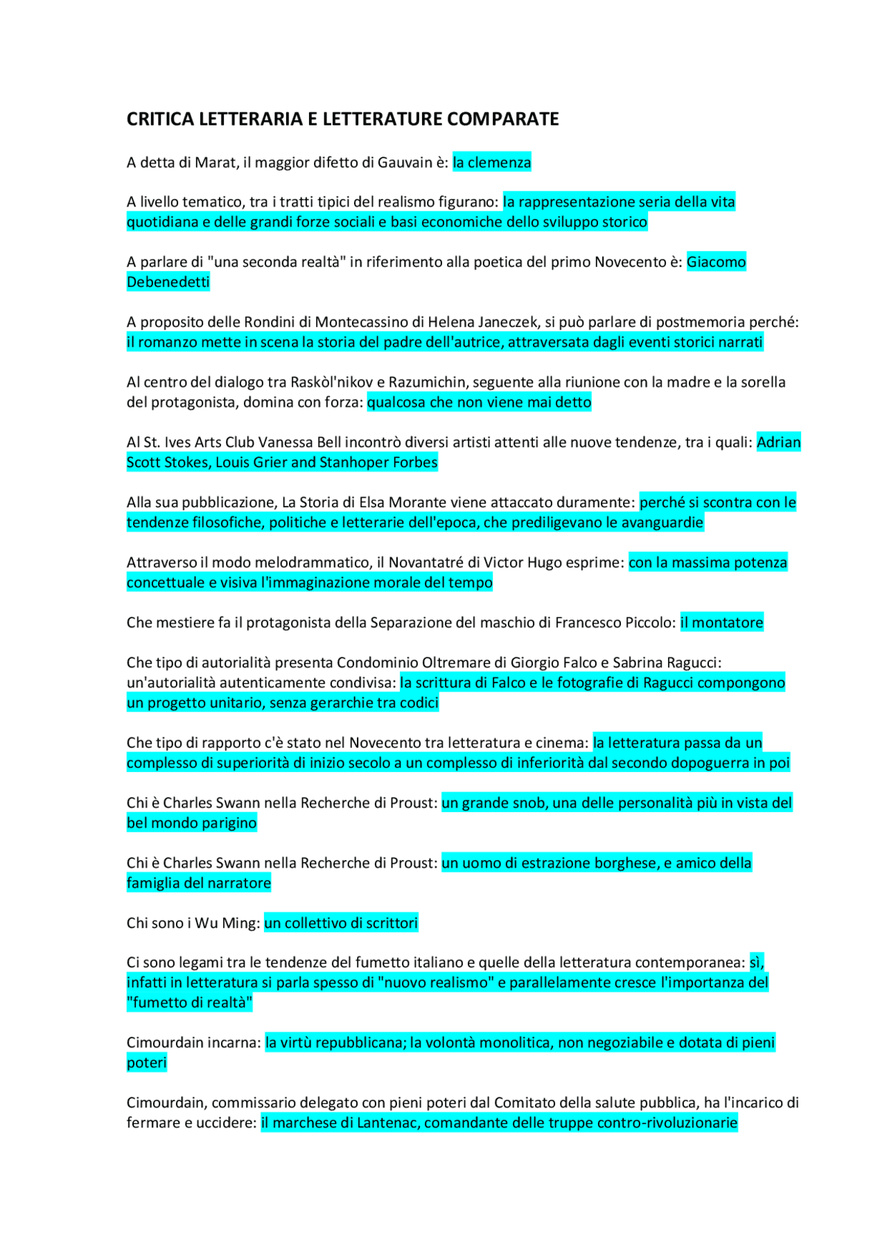 Critica letteraria e letterature comparate LM39 Pegaso - Docsity