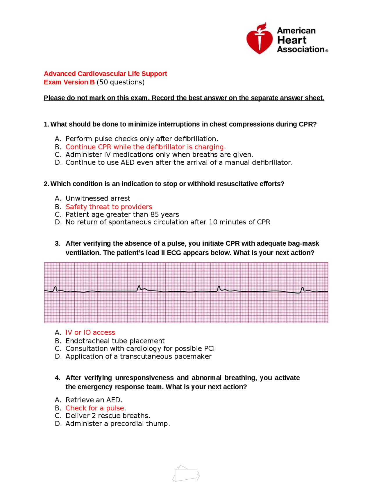 Advanced Cardiovascular Life Support Exam {ACLS} Version B-VERIFIED ...
