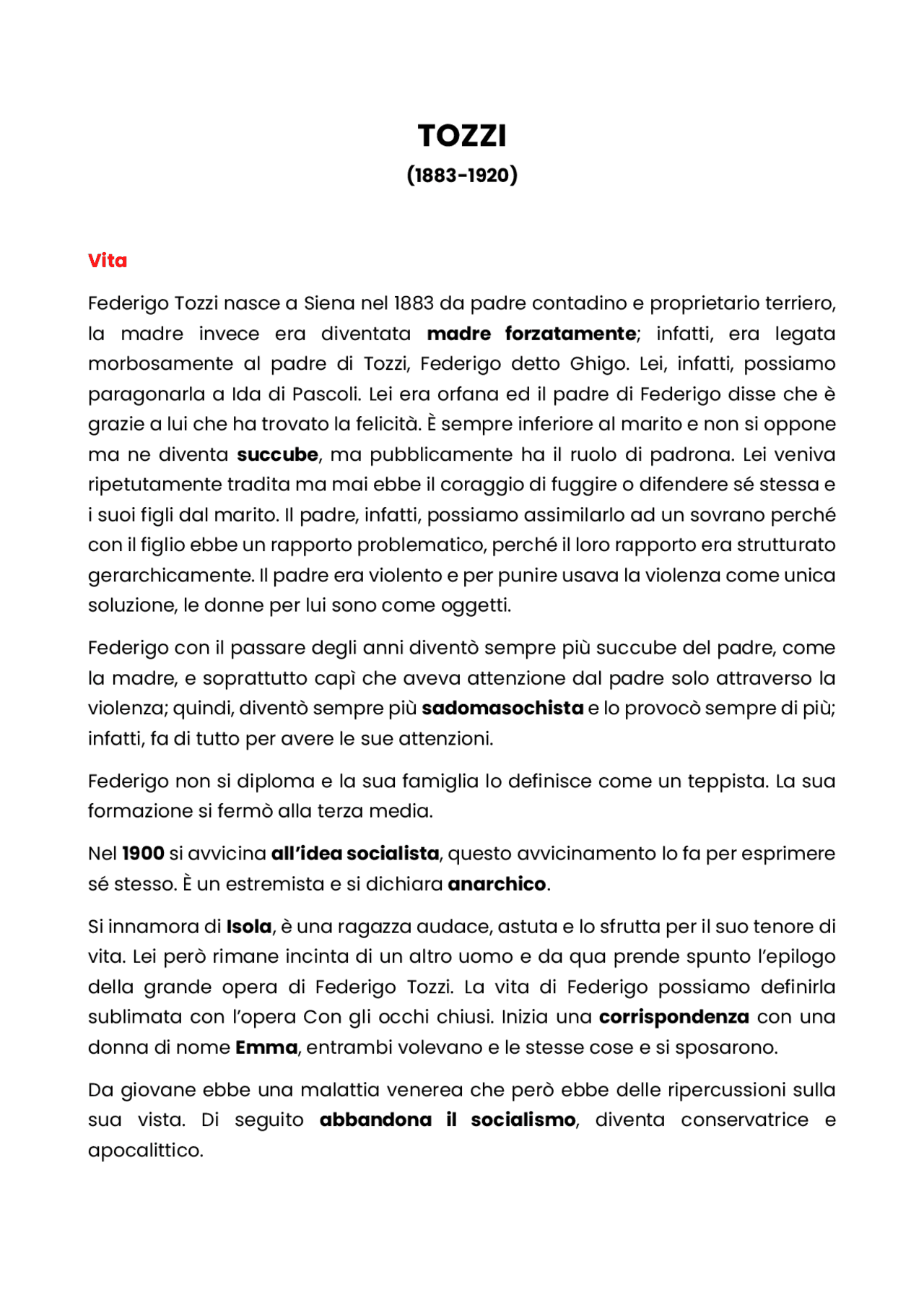 La Vita Di Federigo Tozzi Docsity