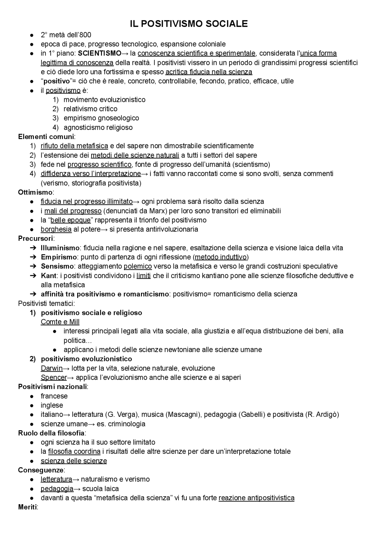 Positivismo Simon Comte Mill Darwin Spencer Ardigo Docsity