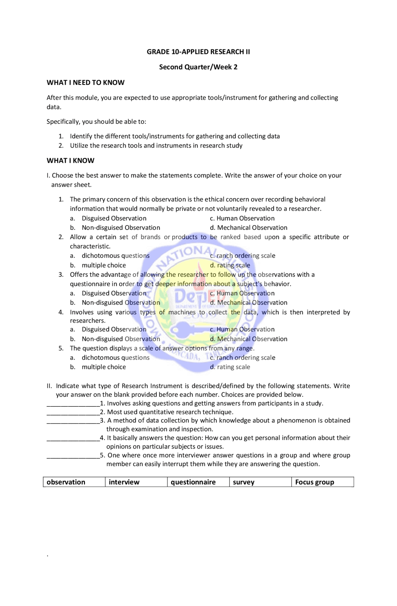 Research Module Practical Research For Science Learners Exercises