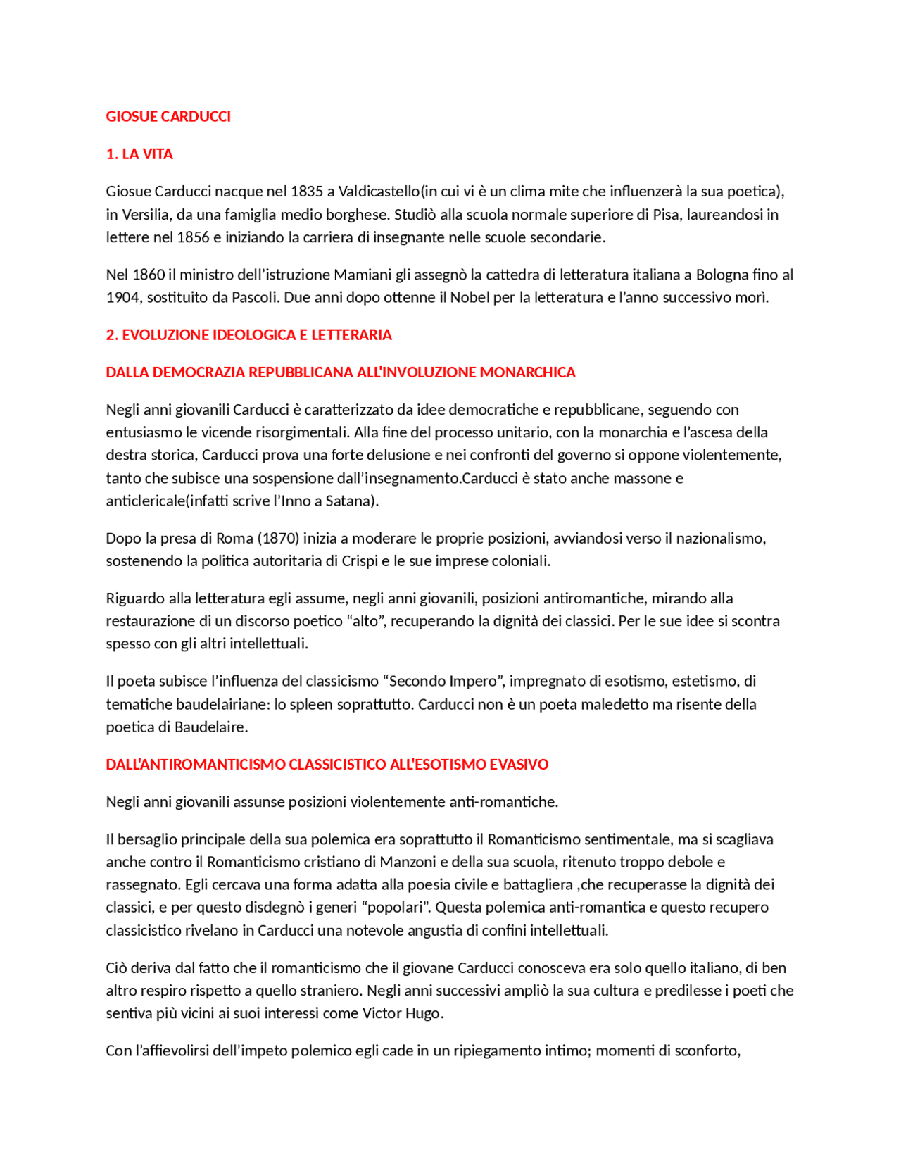 Giosue Carducci Il Piacere Dei Testi 5 Riassunto Docsity