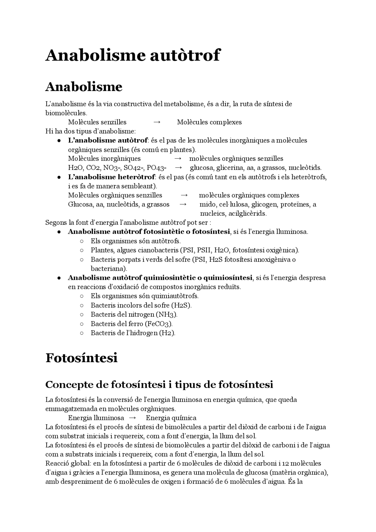 Anabolisme Autòtrof Biologia Docsity