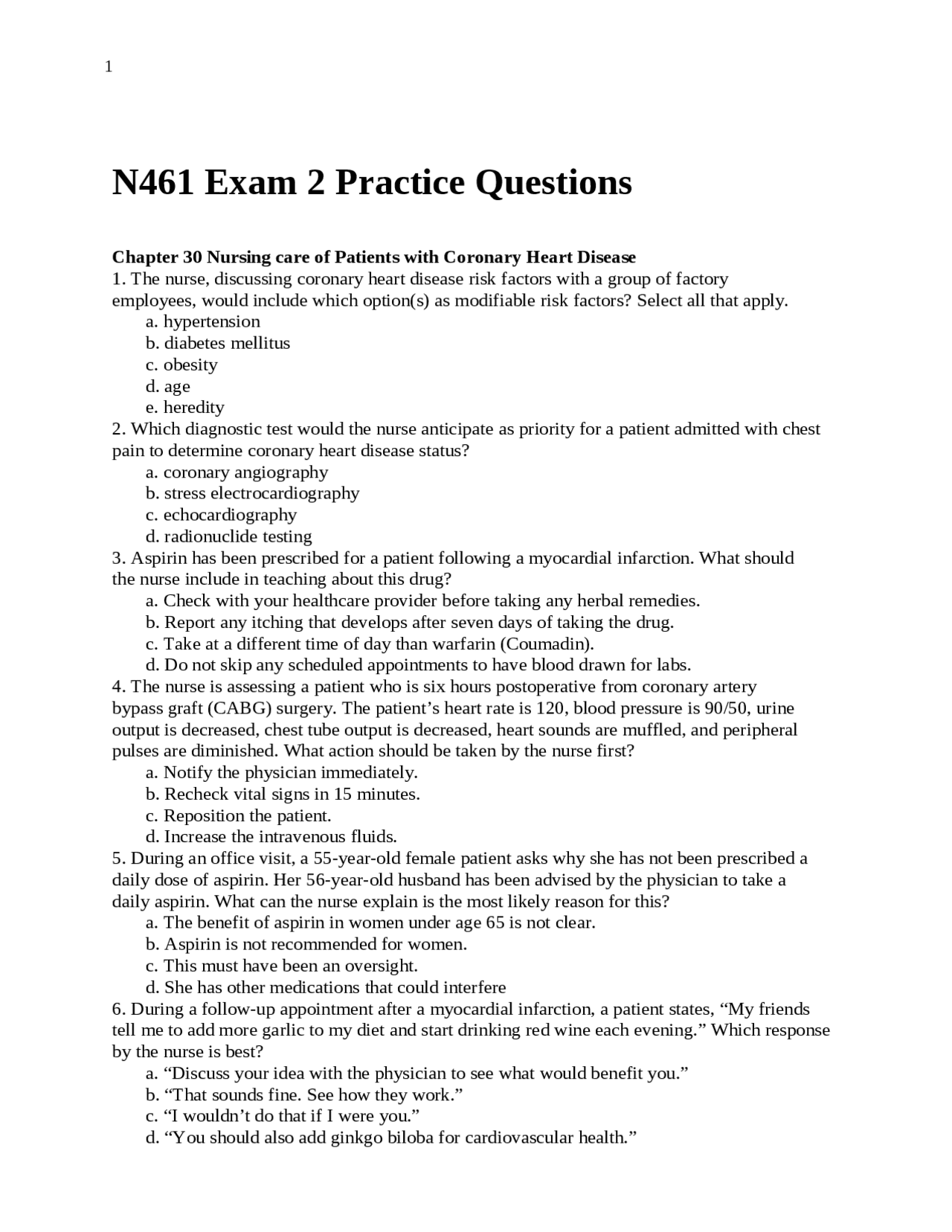 NURS 261 Exam 2 N461 med-surg Practice Questions - Docsity