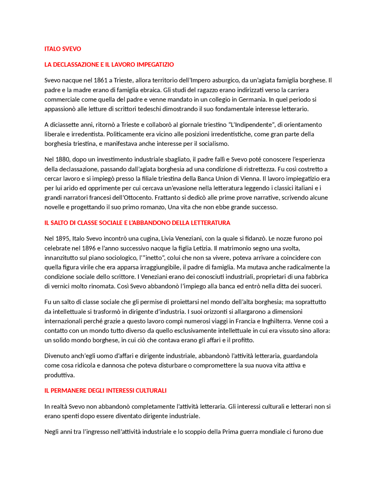 Il Piacere Dei Testi 5 Svevo Riassunto Docsity
