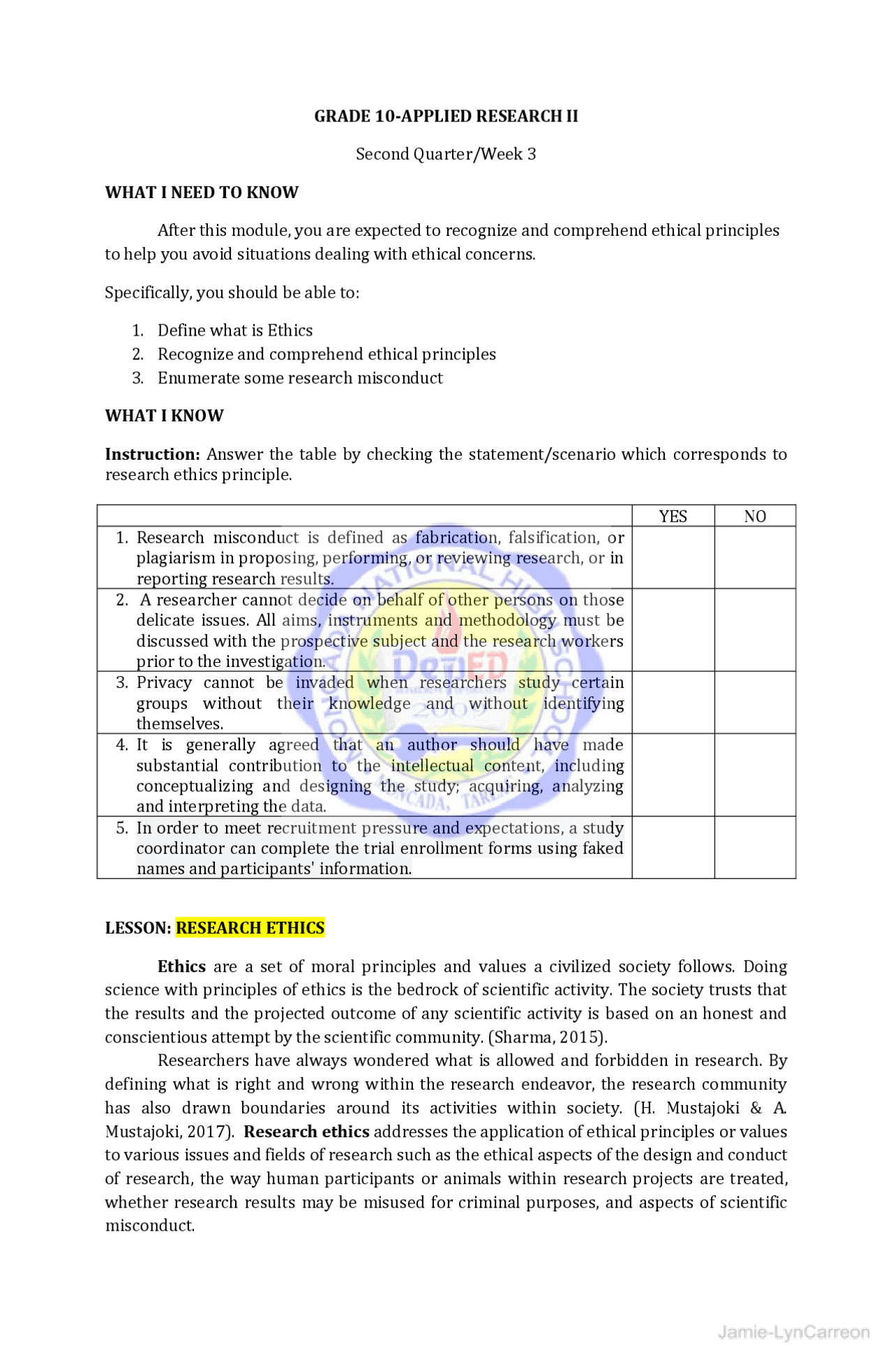 Research Modules for Science Student Learners - Docsity
