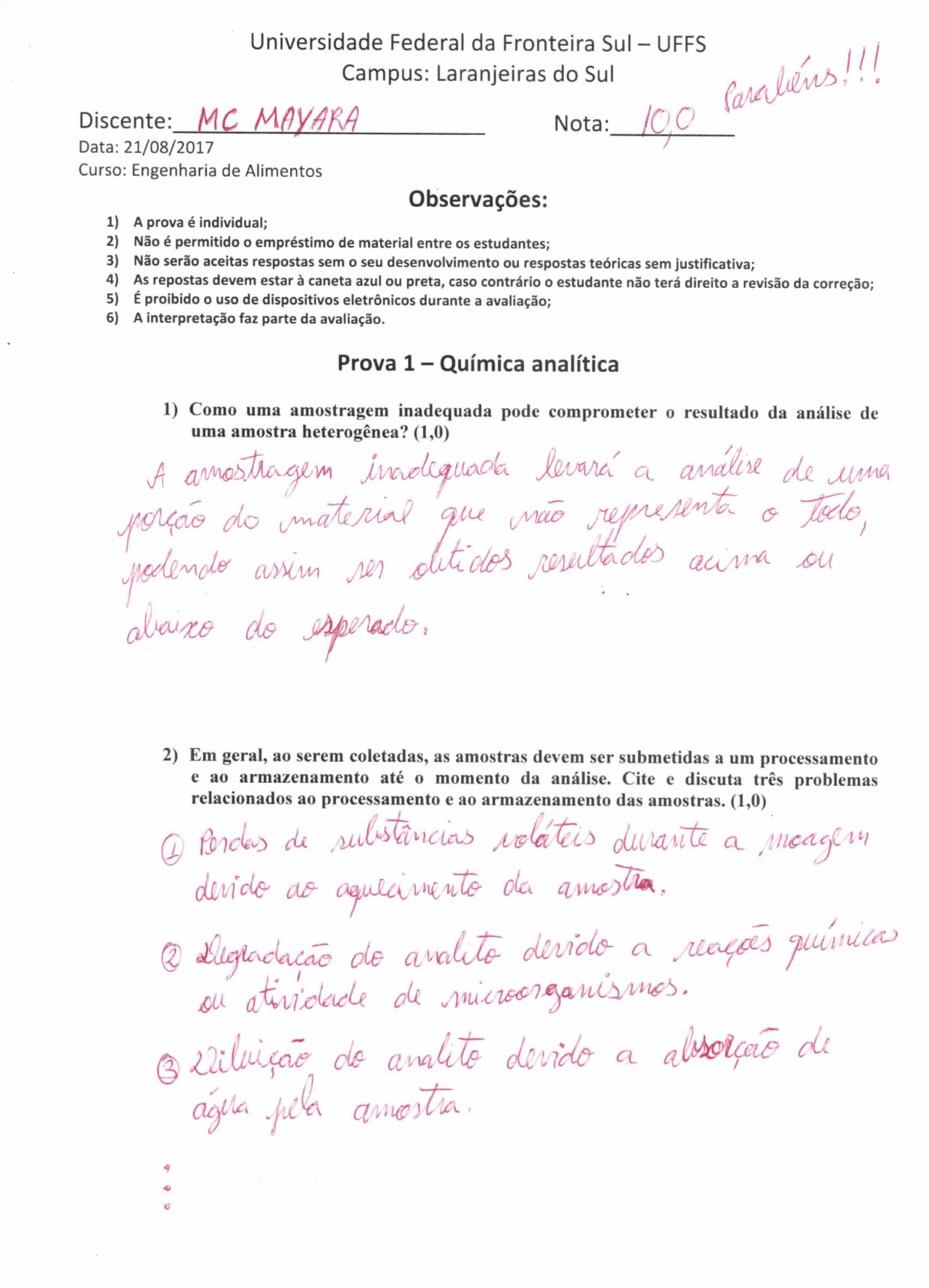 Prova De Quimica Analitica Docsity