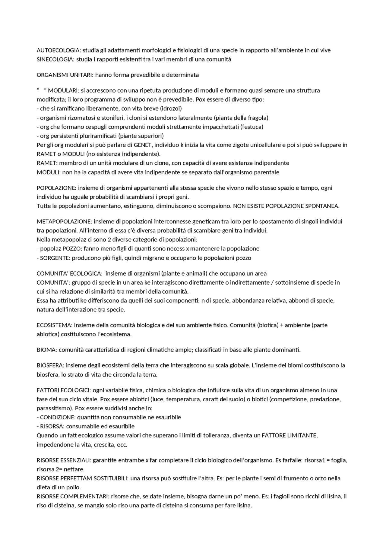 Riassunto Ecologia Scienze Biologiche Docsity