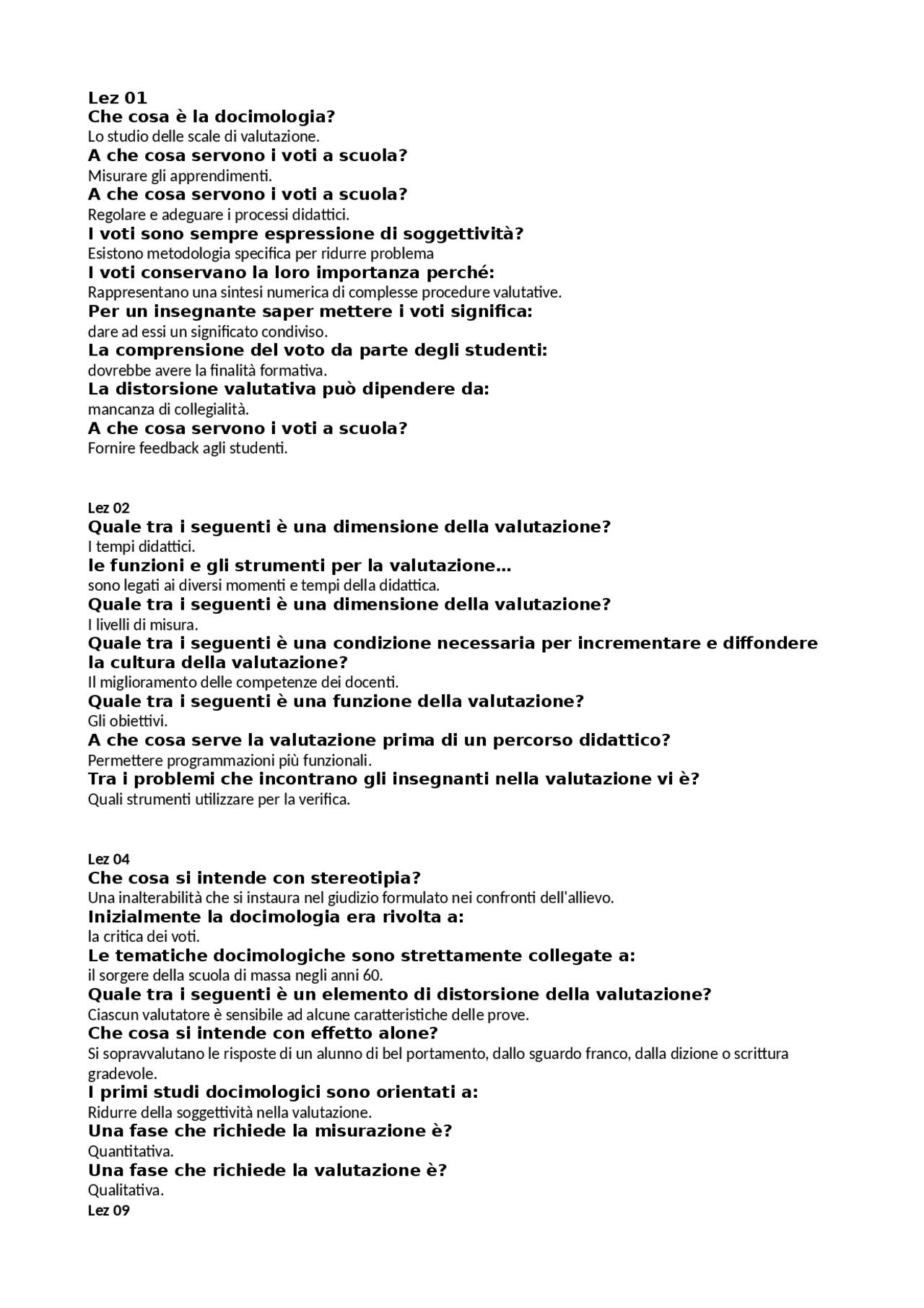 Paniere Risposte Chiuse Docimologia Docsity