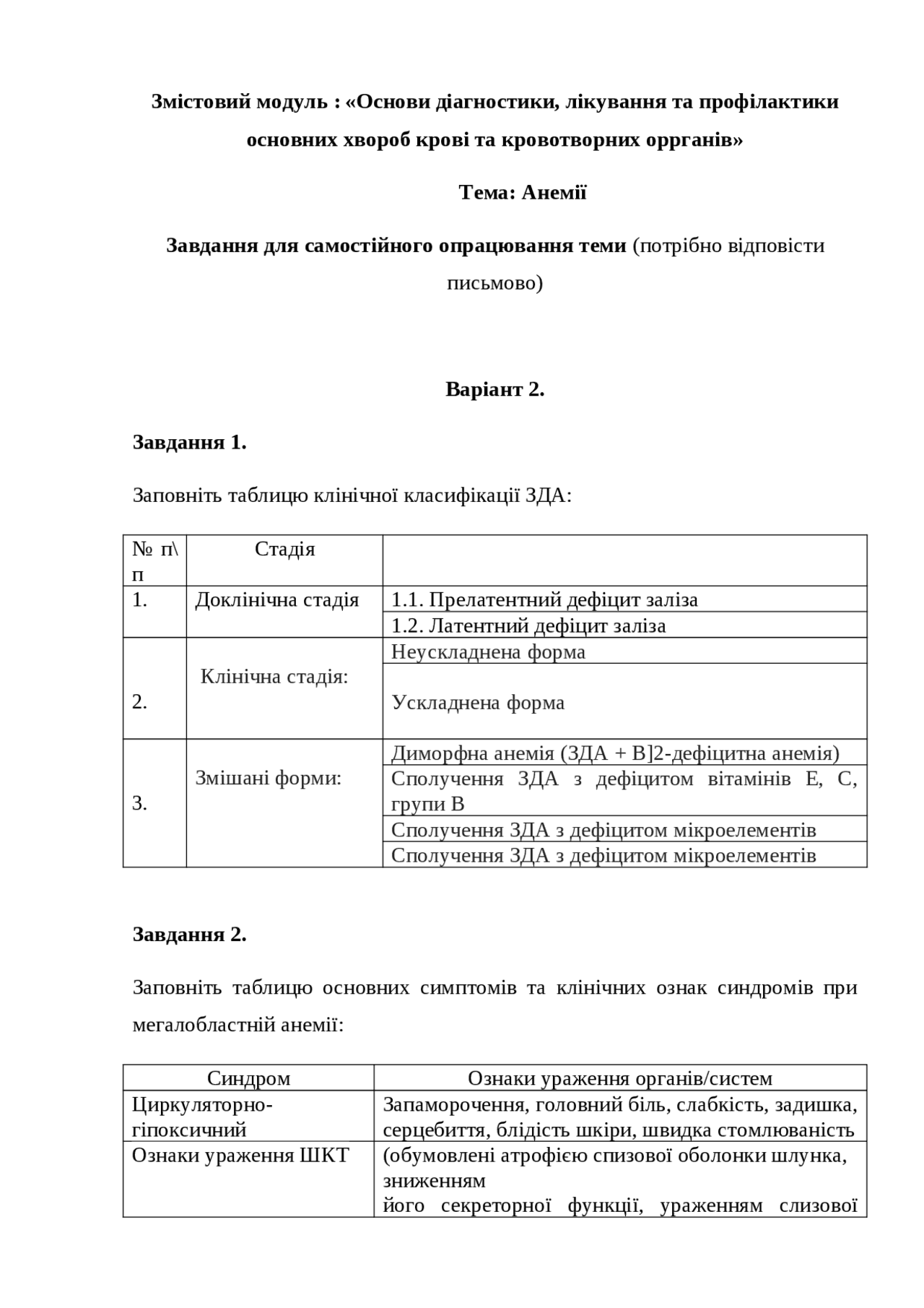 Анемії відповіді на питання таблиці тести Упражнения и задачи