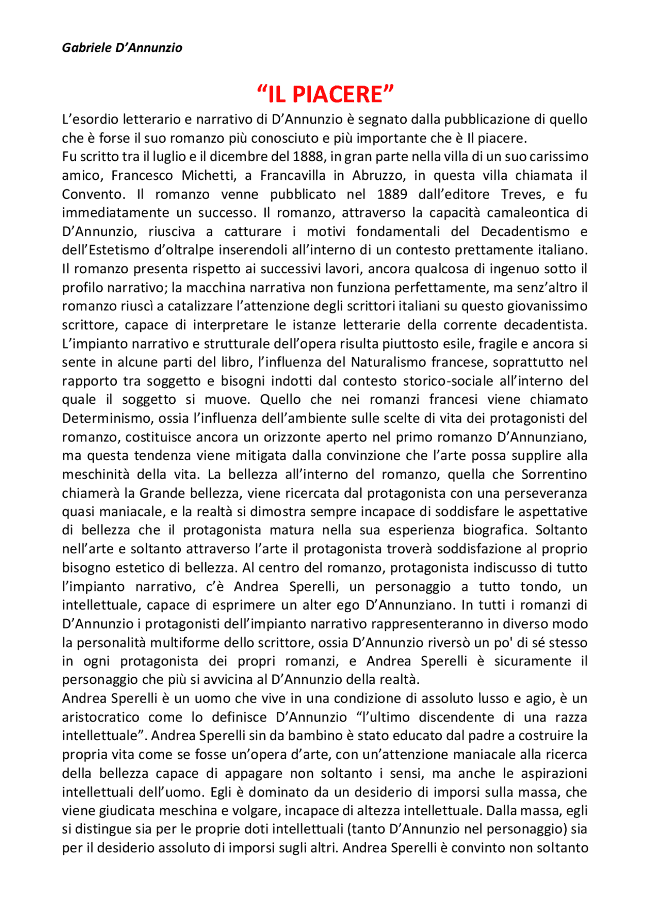Analisi e spiegazione il piacere con analisi testi Gabriele D’Annunzio ...