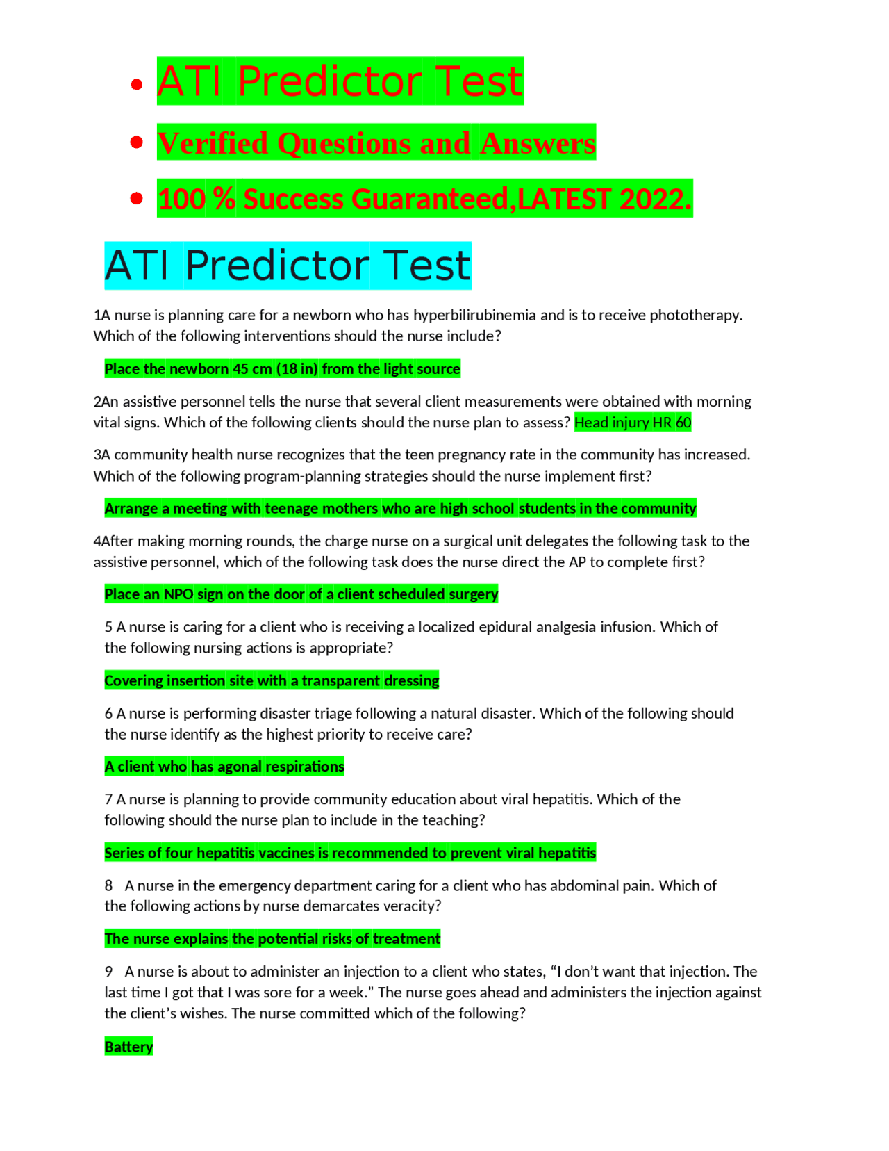 ATI Predictor Test • Verified Questions and Answers • 100 % Success ...