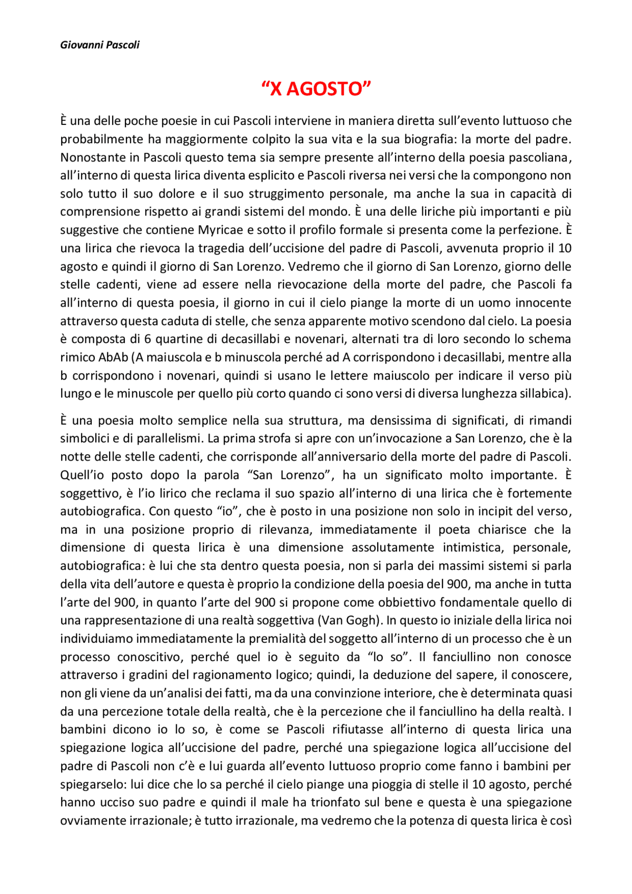 Analisi e spiegazione poesia “X Agosto” Giovanni Pascoli - Docsity