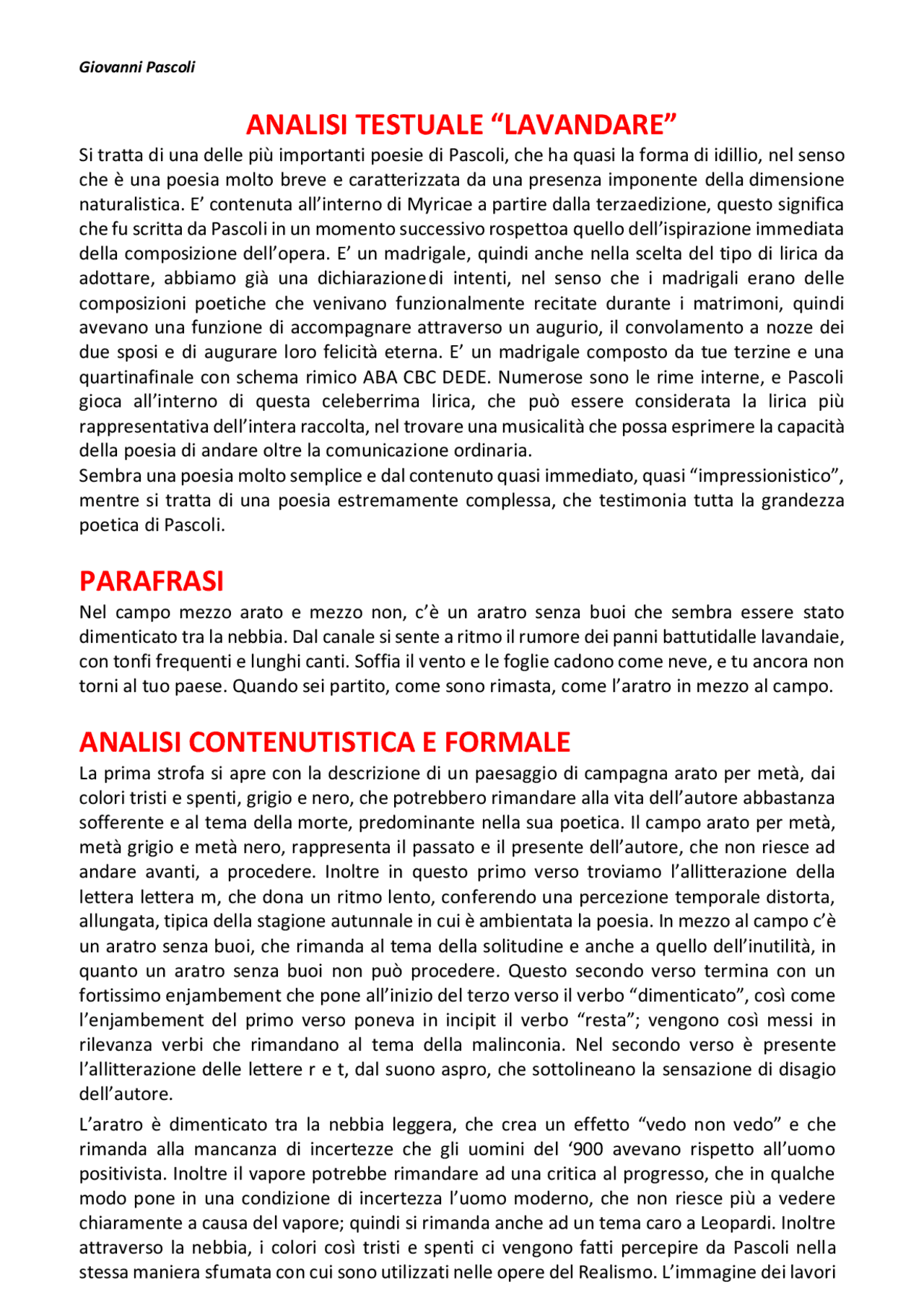 Analisi testuale e parafrasi “Lavandare” Giovanni Pascoli | Appunti di ...