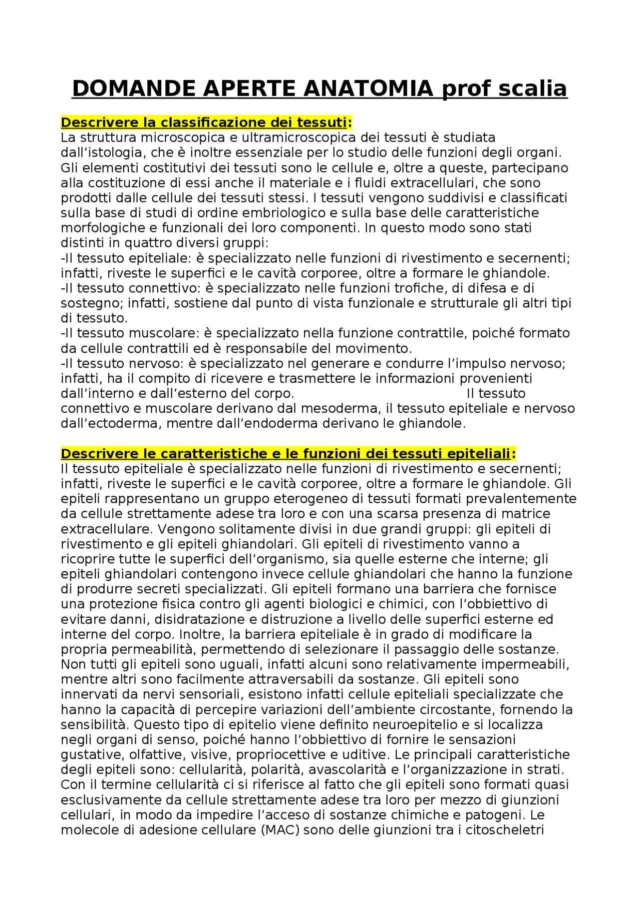 Paniere Domande Aperte Anatomia Ecampus Appunti Di Anatomia Docsity