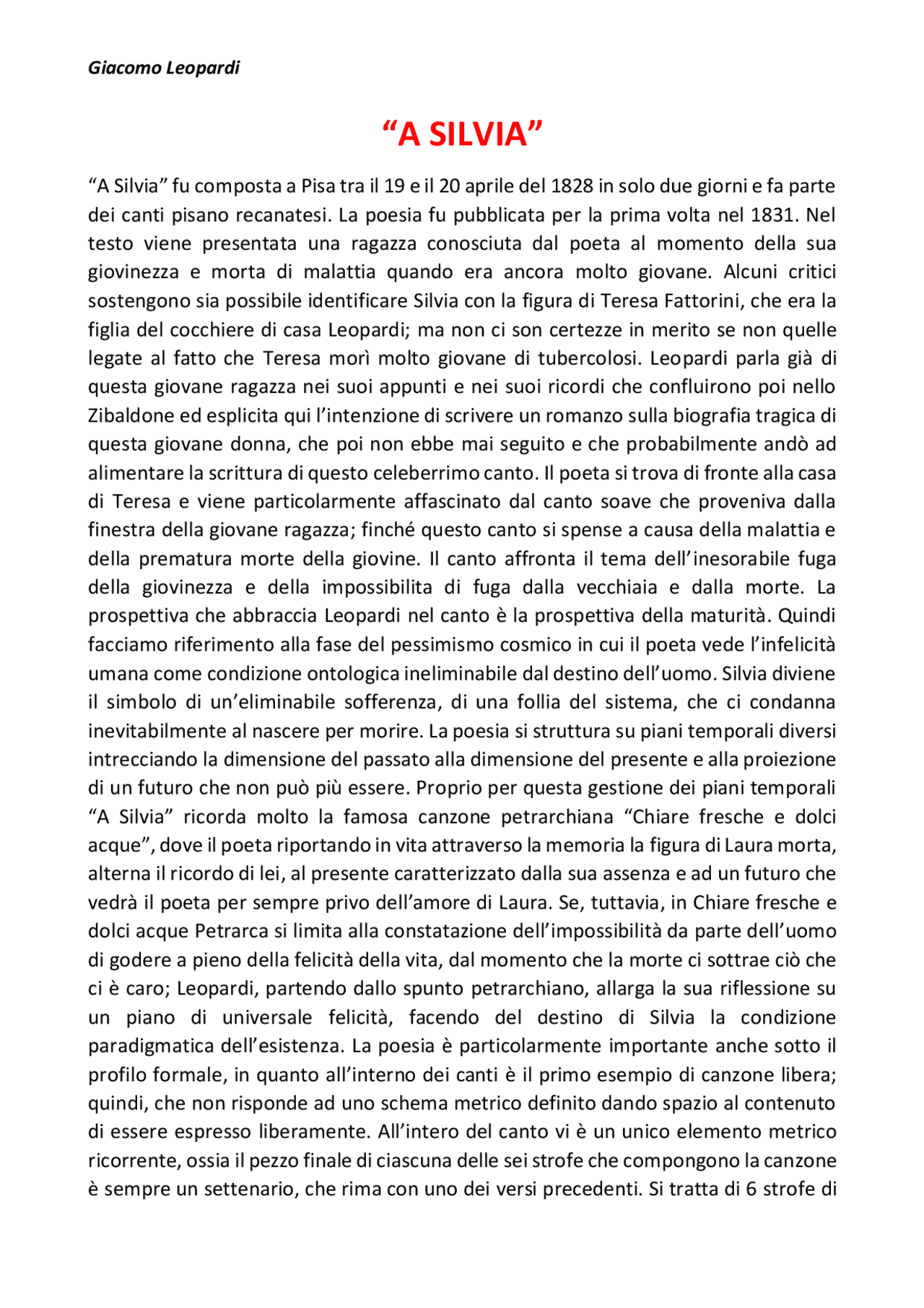 Poesia “A Silvia” Giacomo Leopardi - Docsity