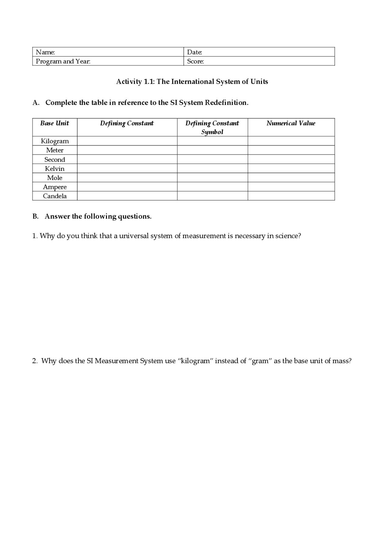 The International System (S.I.) of Units - Docsity