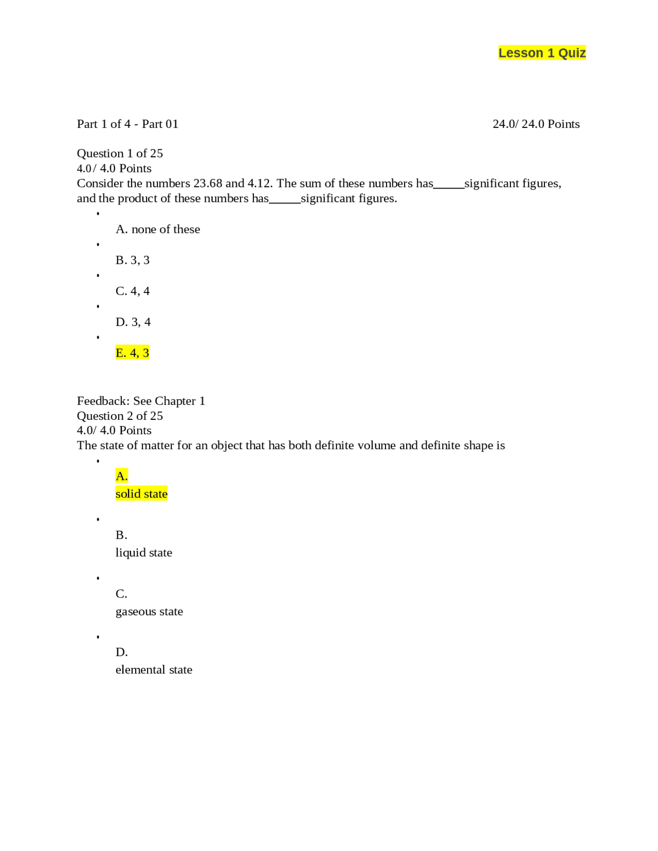 American Military University:CHEM MISC Lesson 1 Quiz-anwered | Exams ...