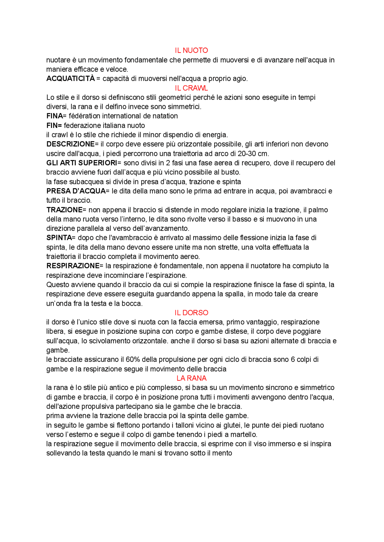 Il nuoto e i suoi stili - Docsity