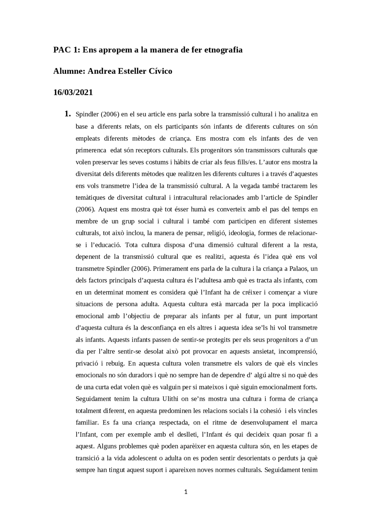 Pac 1 Etnografia Aplicada A La Educación Social Docsity